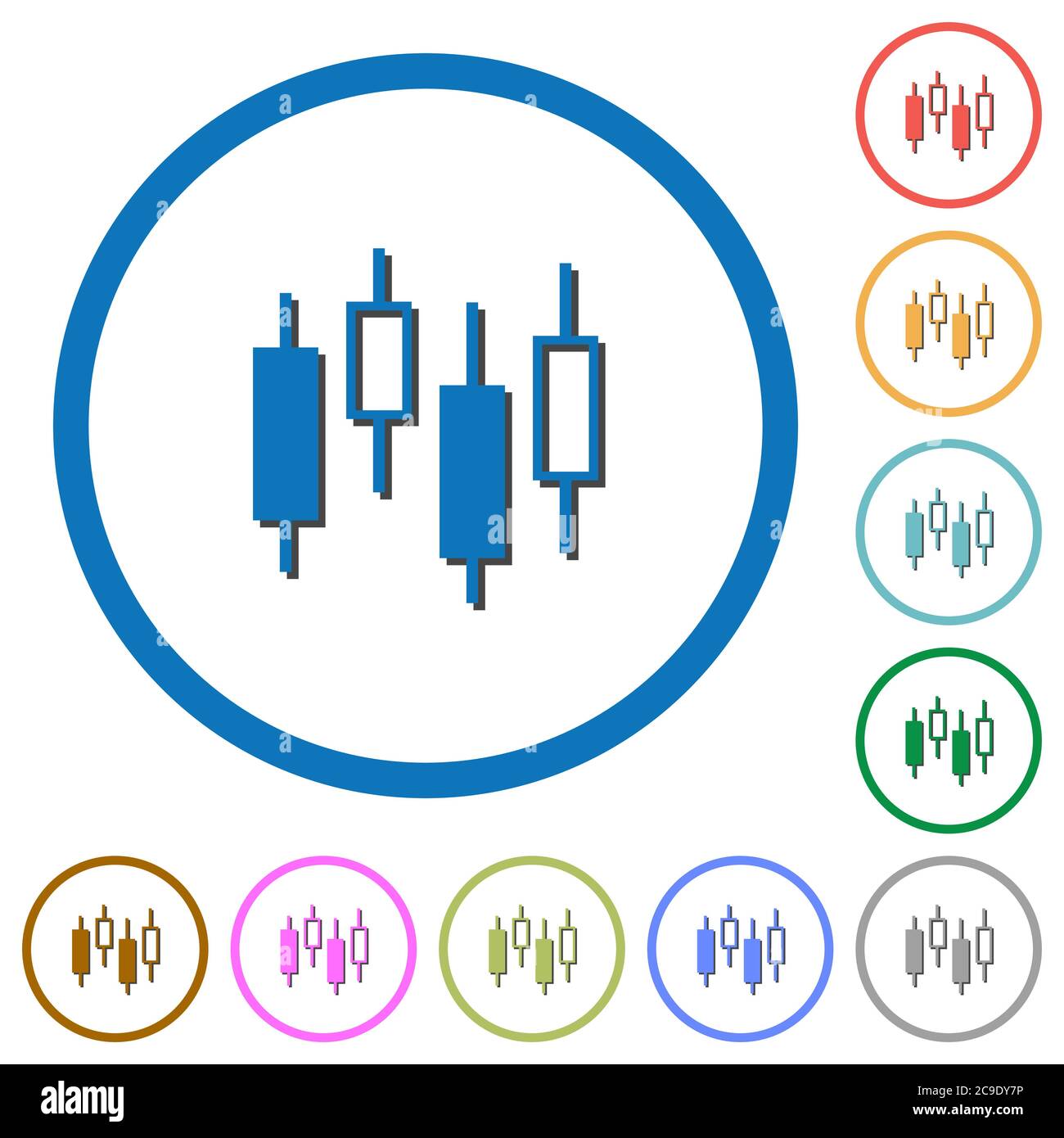 Candlestick chart flat color vector icons with shadows in round ...
