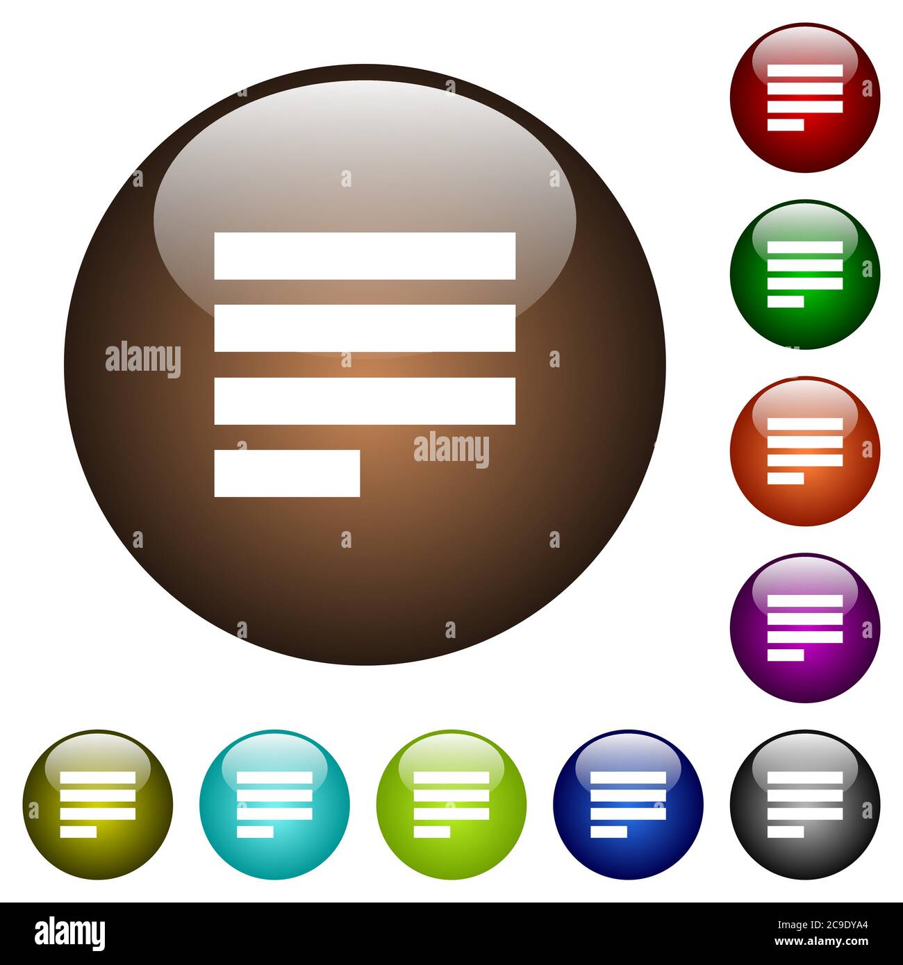 Text align justify last row left white icons on round color glass ...
