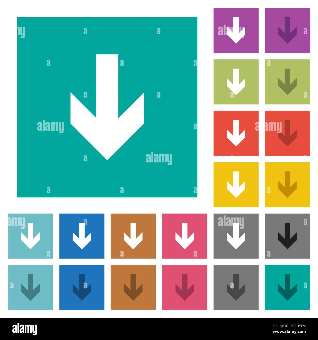 Down arrow multi colored flat icons on plain square backgrounds ...