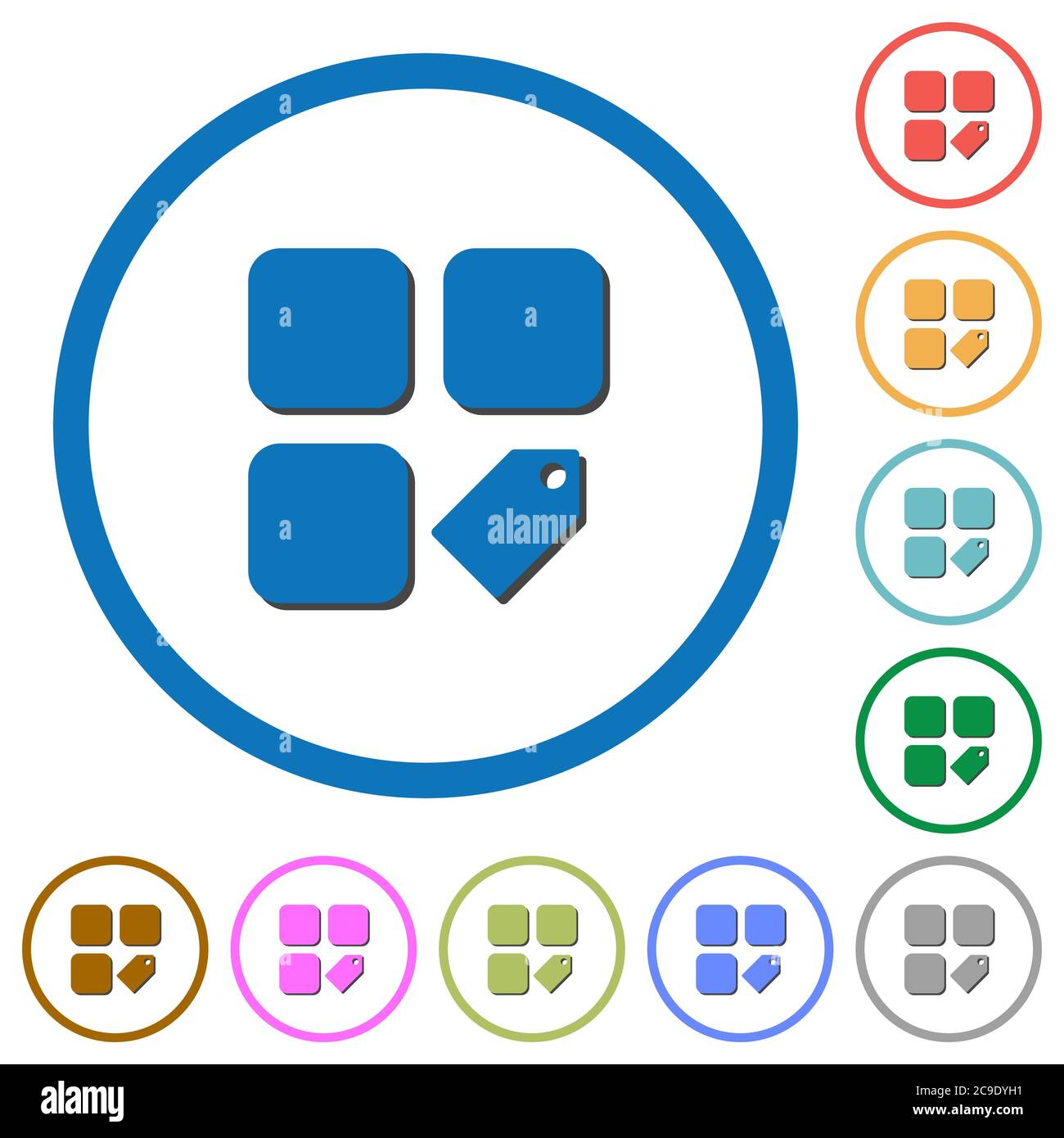 Tag component flat color vector icons with shadows in round outlines on ...