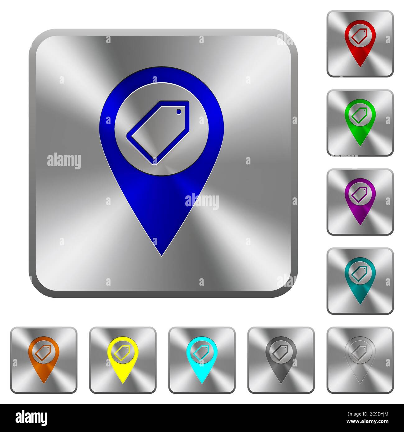Tagging GPS map location engraved icons on rounded square glossy steel ...