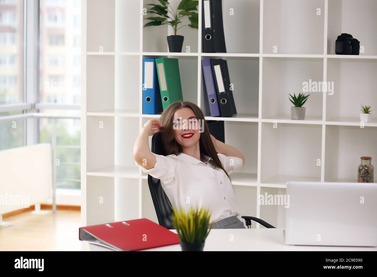 Pretty girl develops project plan and concept. Business lady Stock ...