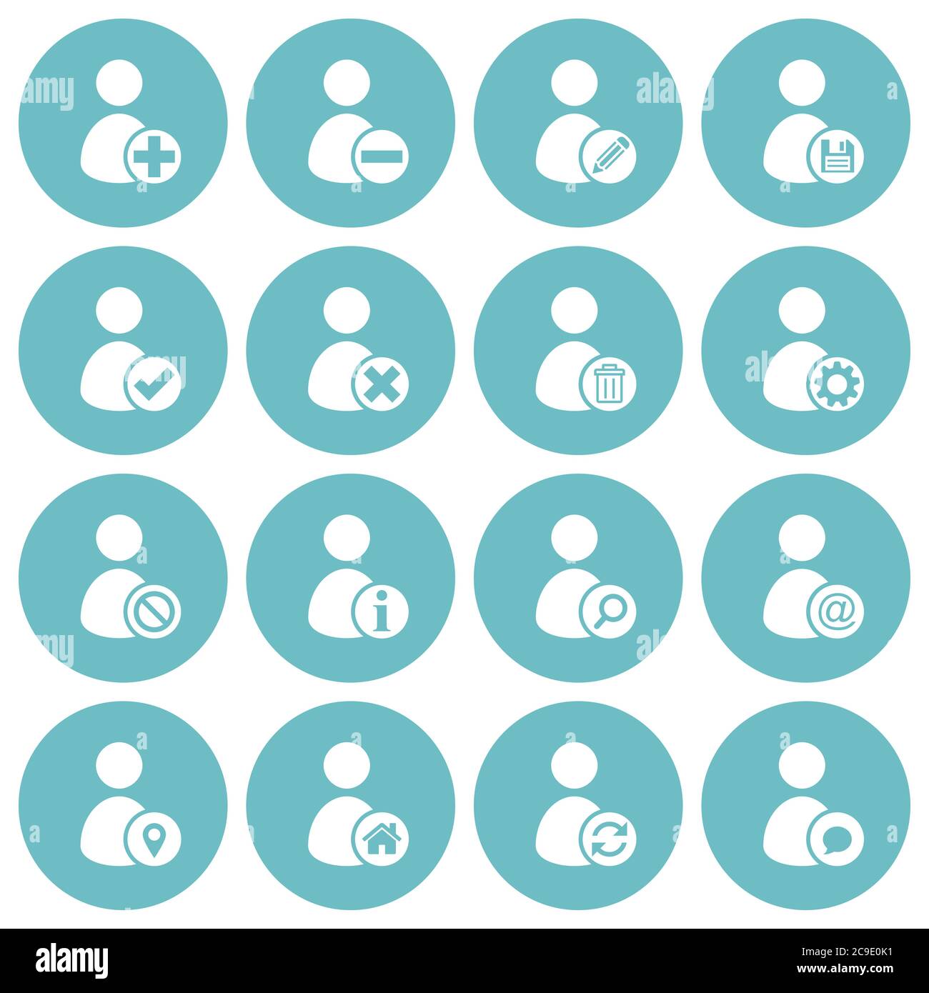 White flat basic user account management icon collection on round ...