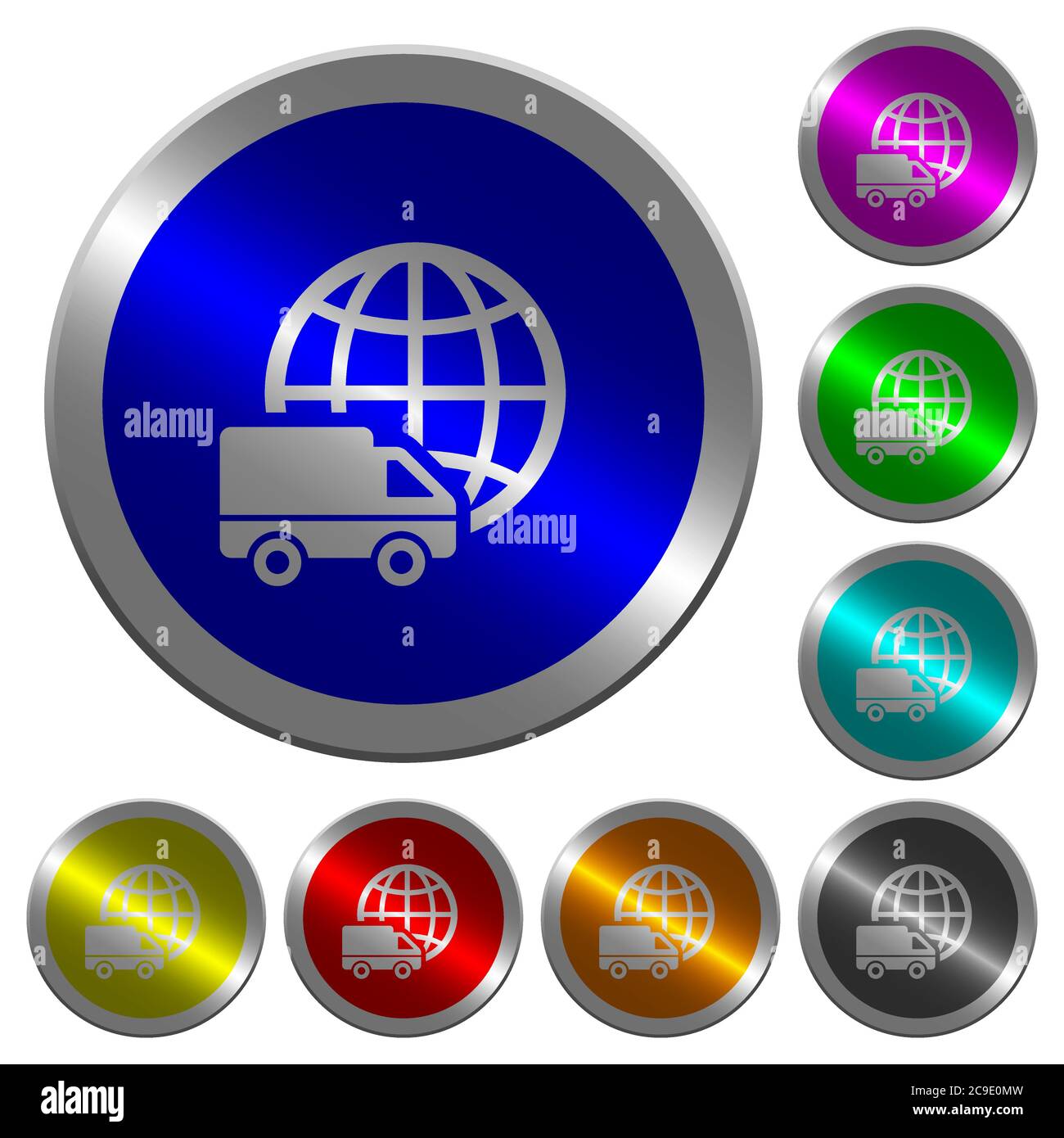 International transport icons on round luminous coin-like color steel ...