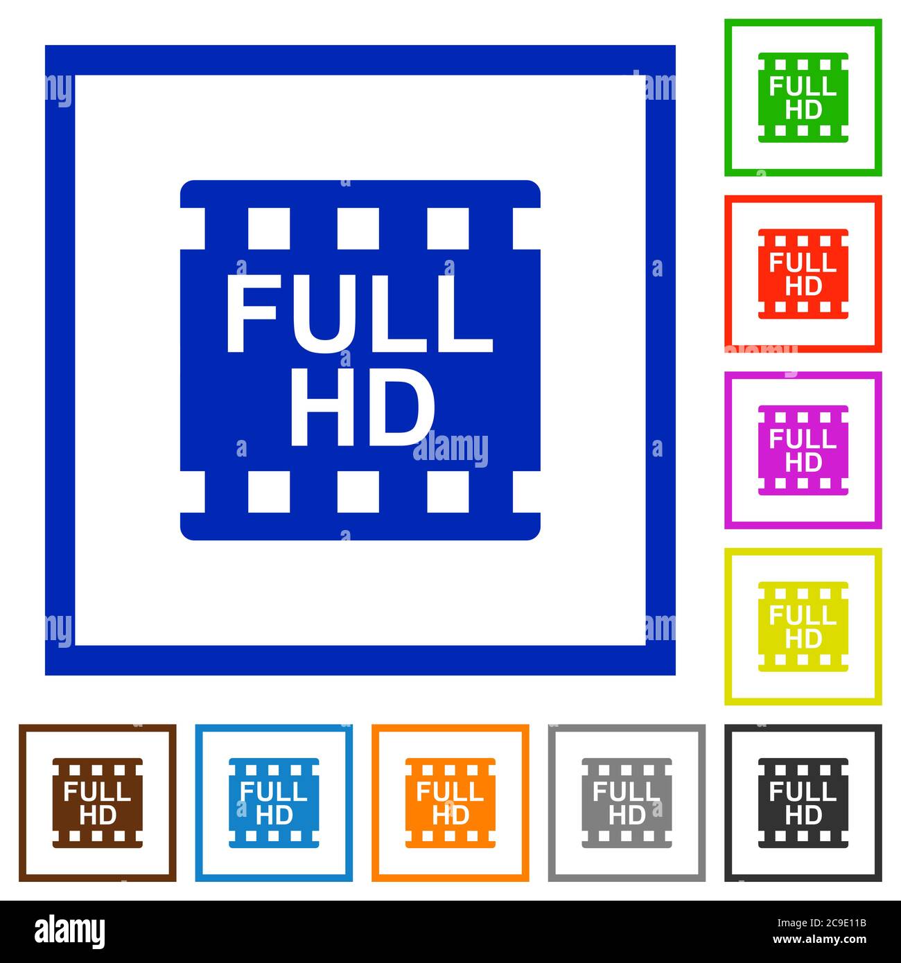 Full HD movie format flat color icons in square frames on white ...