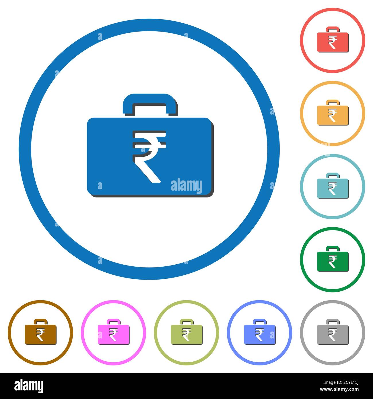 Indian Rupee bag flat color vector icons with shadows in round outlines ...