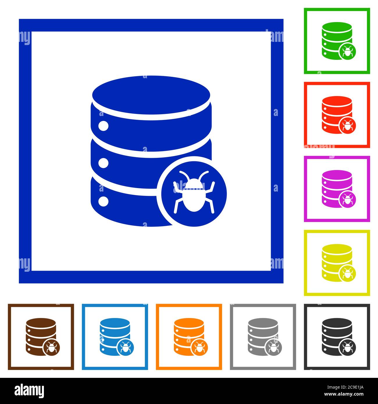 Database bug flat color icons in square frames on white background ...