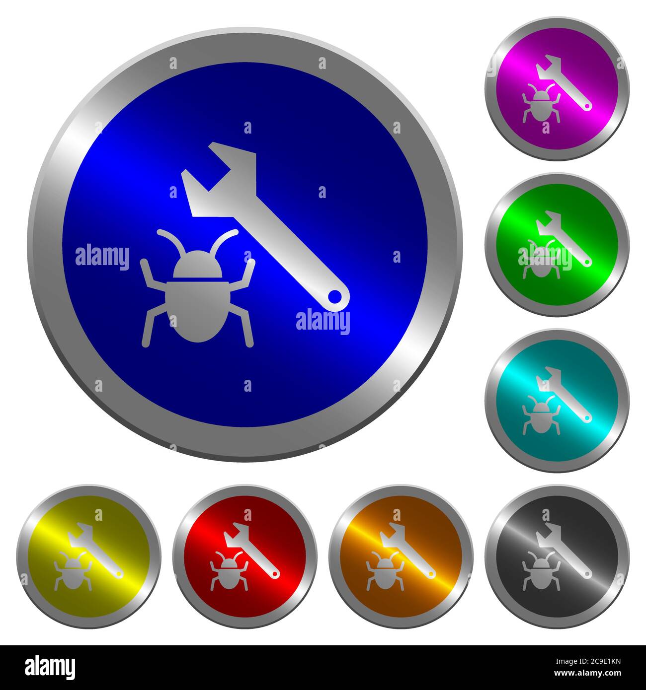 Bug fixing icons on round luminous coin-like color steel buttons Stock ...