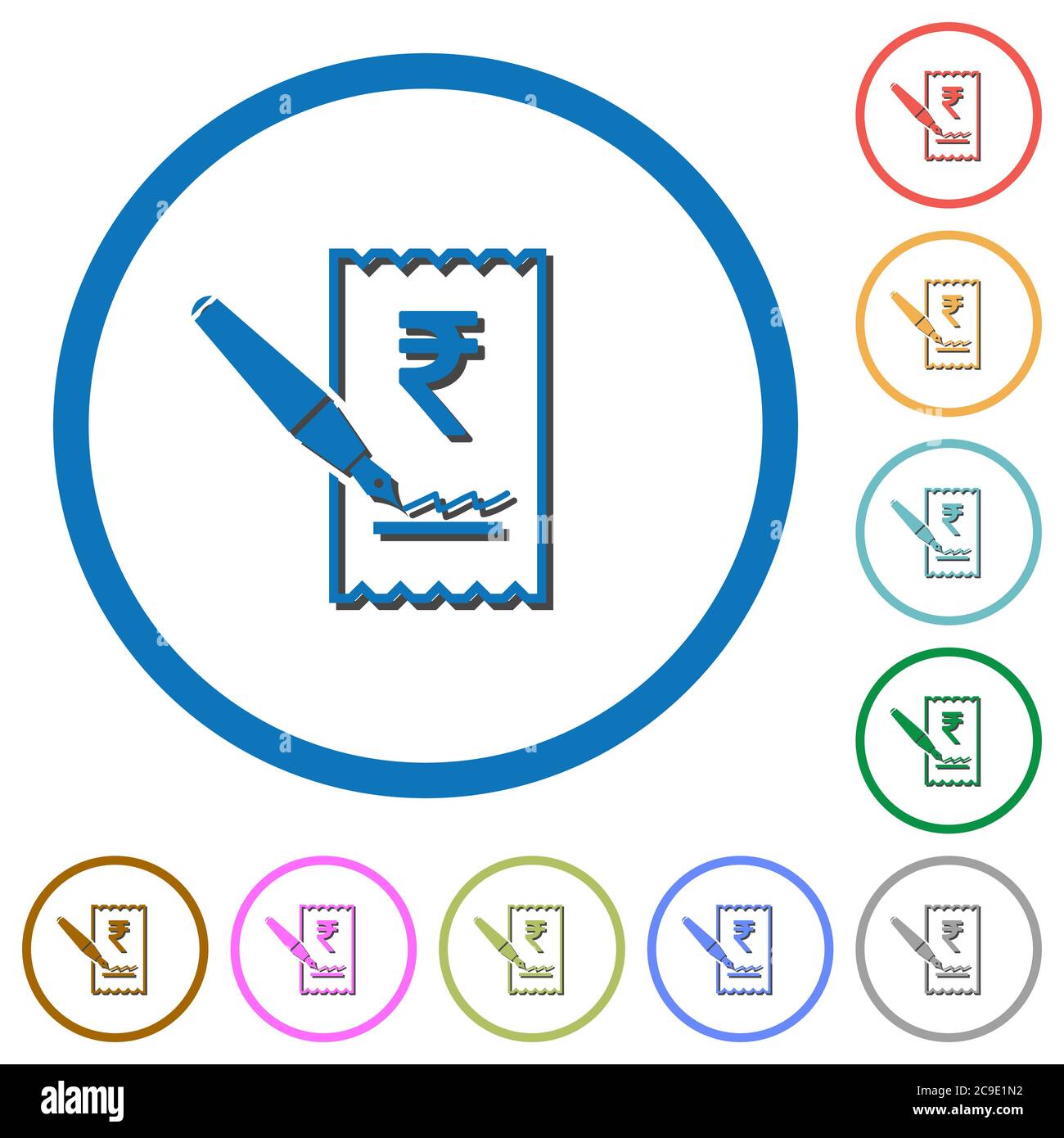 Signing Rupee cheque flat color vector icons with shadows in round ...