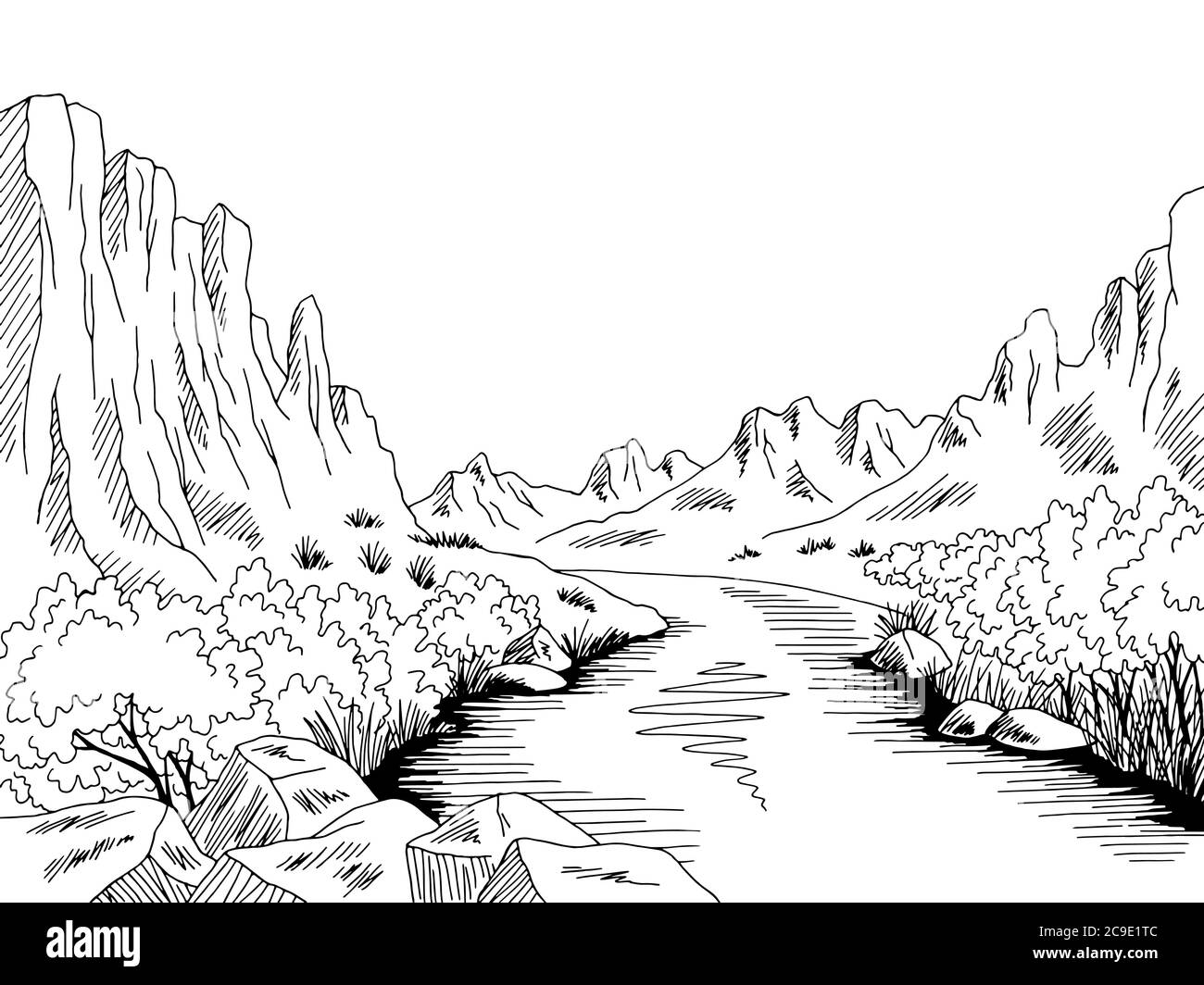 Canyon river graphic black white desert mountain landscape sketch ...