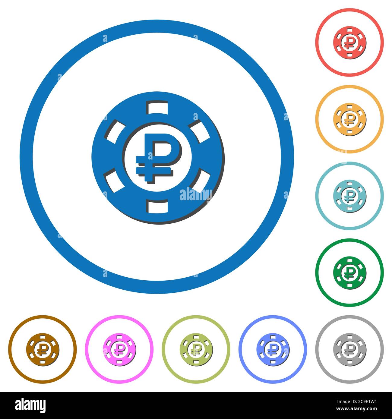 Ruble casino chip flat color vector icons with shadows in round outlines on white background ...
