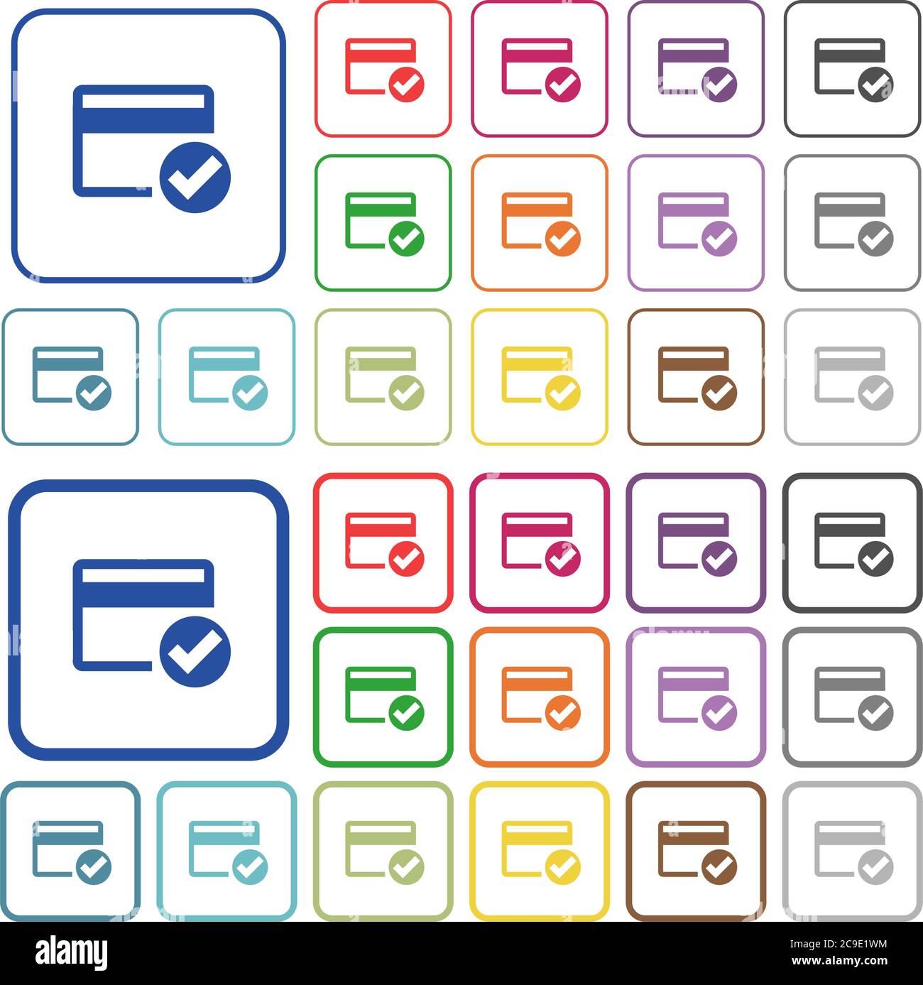 Credit card verified color flat icons in rounded square frames. Thin ...