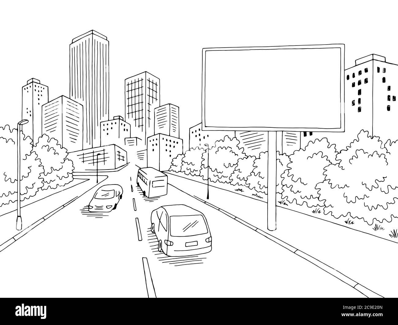 Road billboard graphic black white city street landscape sketch ...