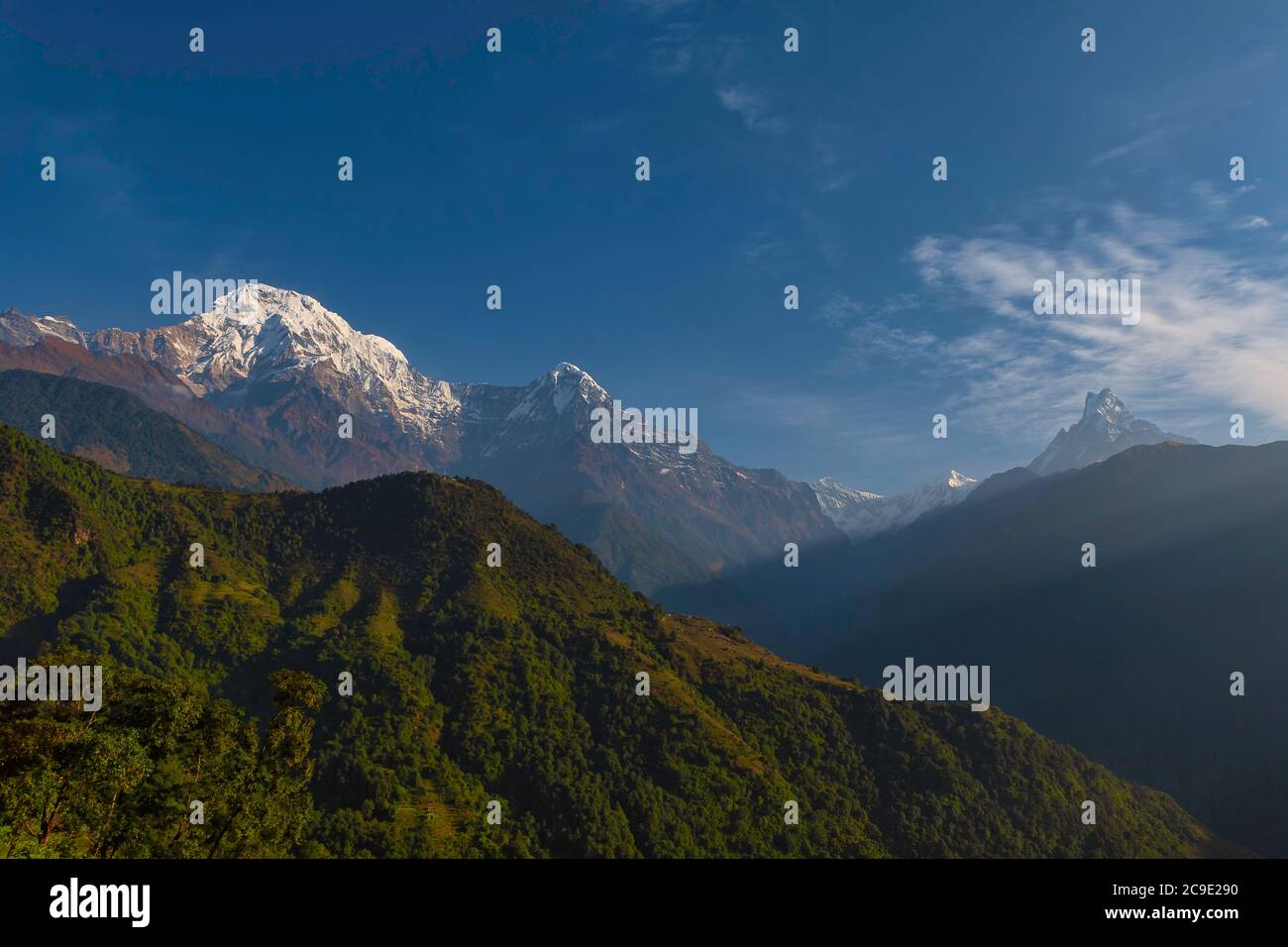 Mount Machhapuchhre or Fishtail in the Himalayas in Nepal. We can see ...
