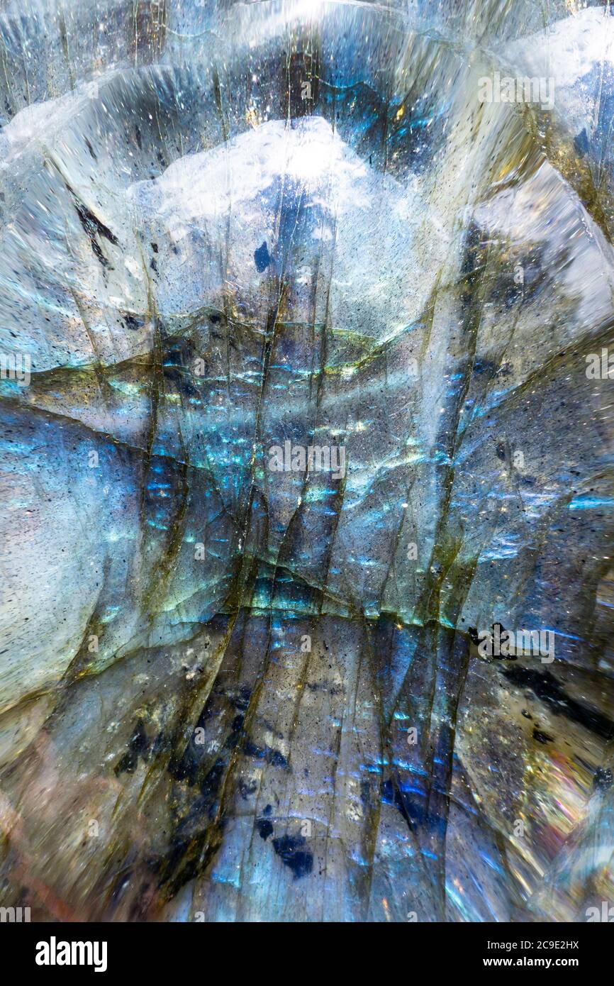 Macro photo of a colorful blue labradorite stone with a surreal ...