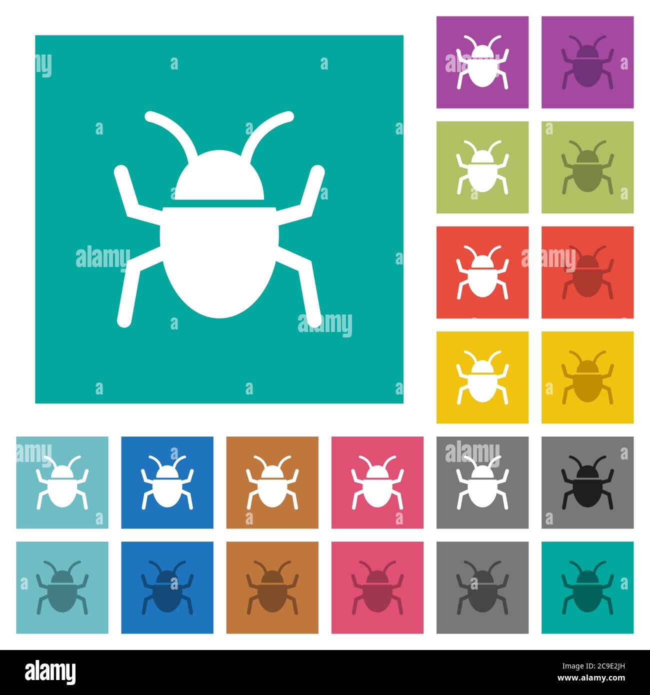 Bug multi colored flat icons on plain square backgrounds. Included ...
