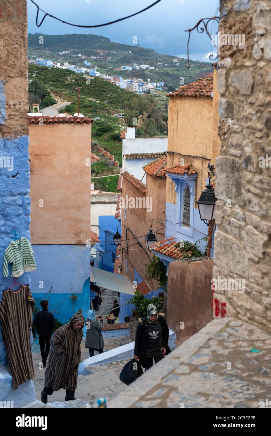 Blue-tinted buildings predominate in the city of Chefchaouen, Morocco ...