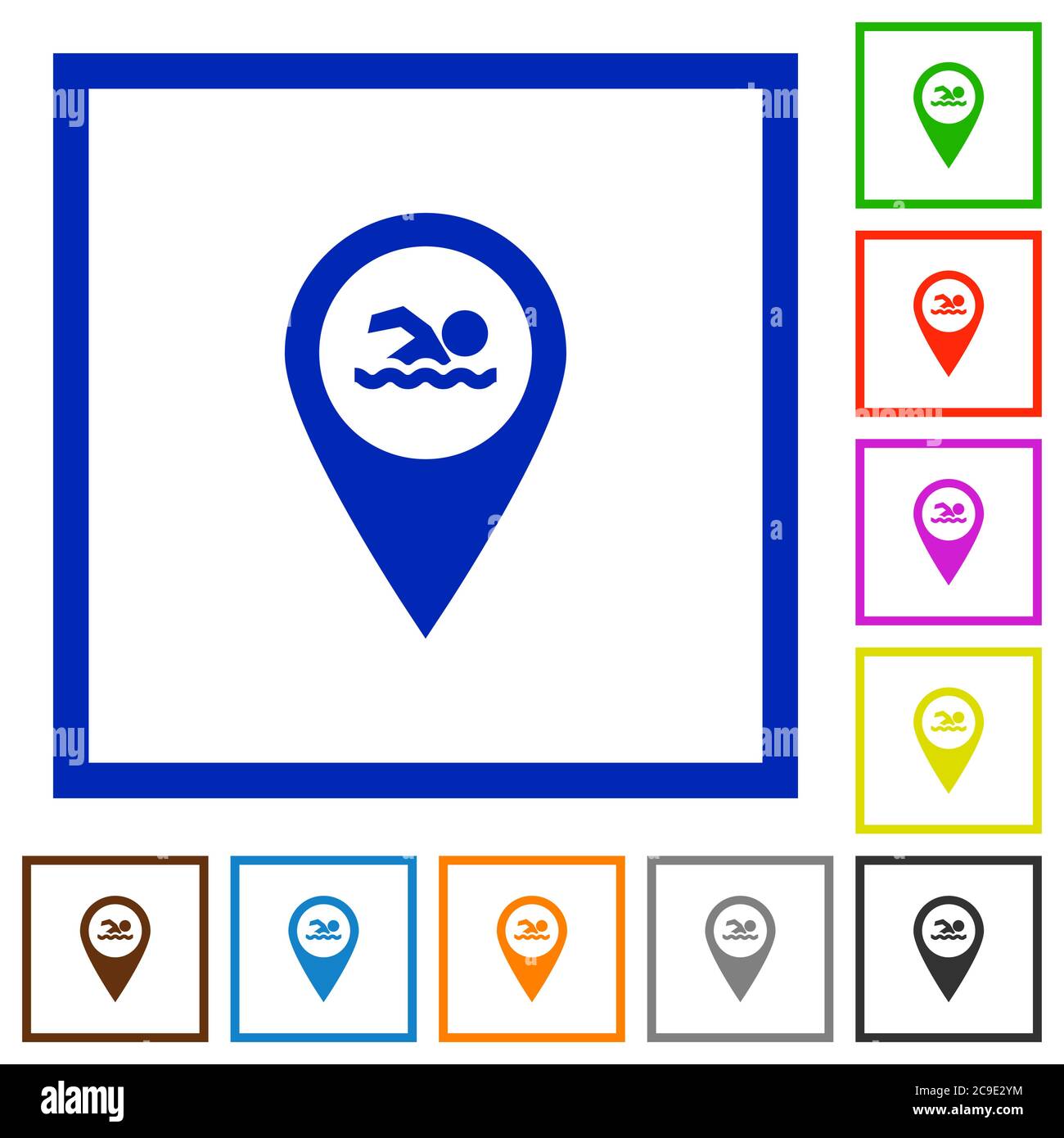 Swimming pool GPS map location flat color icons in square frames on ...
