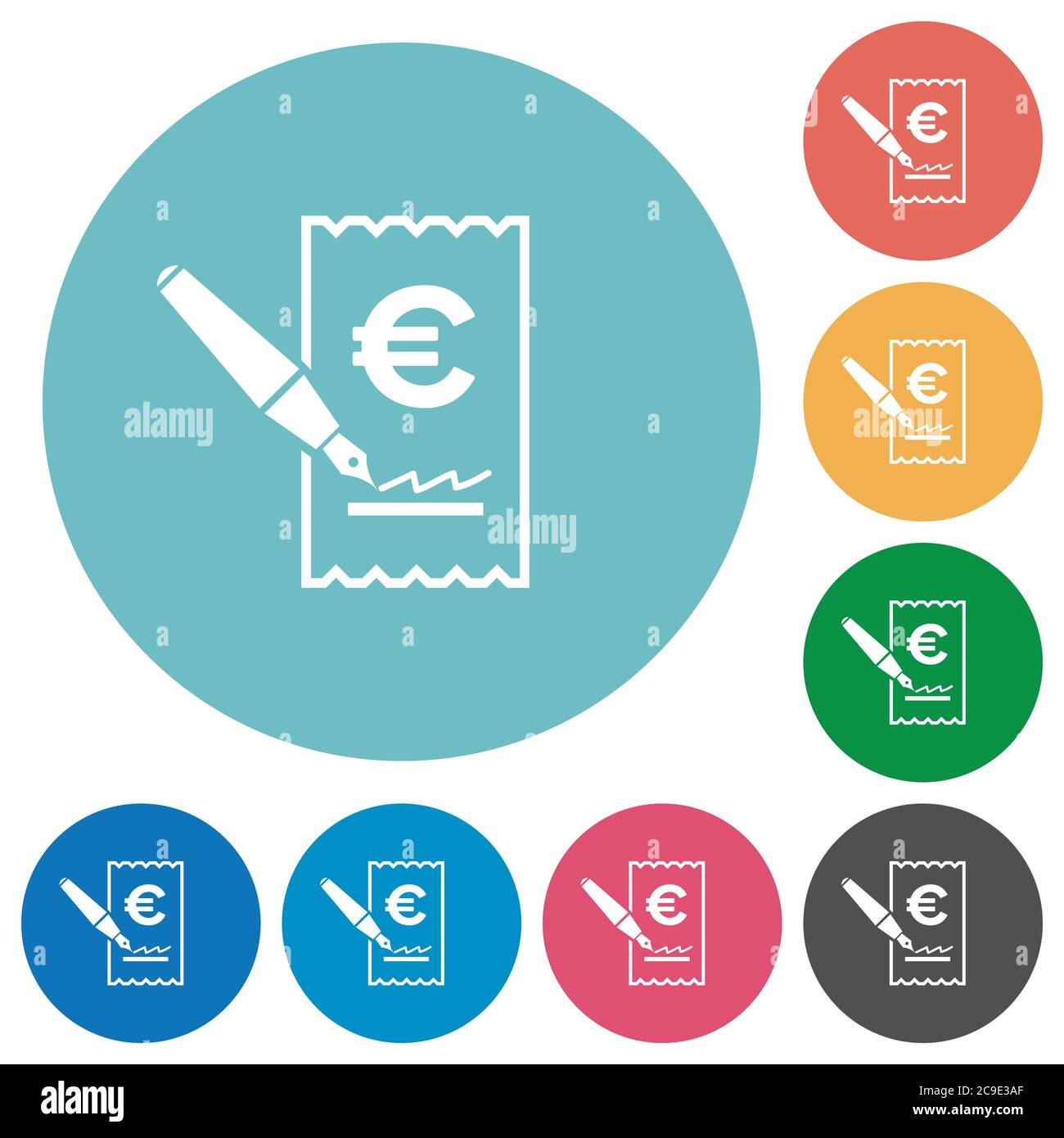 Signing Euro cheque flat white icons on round color backgrounds Stock ...