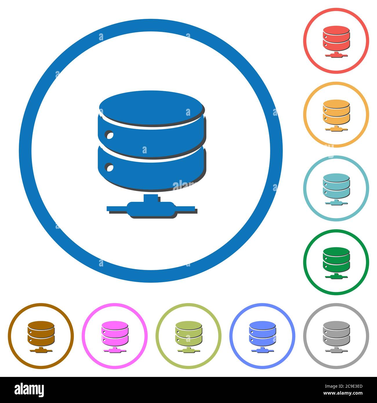 Network database flat color vector icons with shadows in round outlines ...