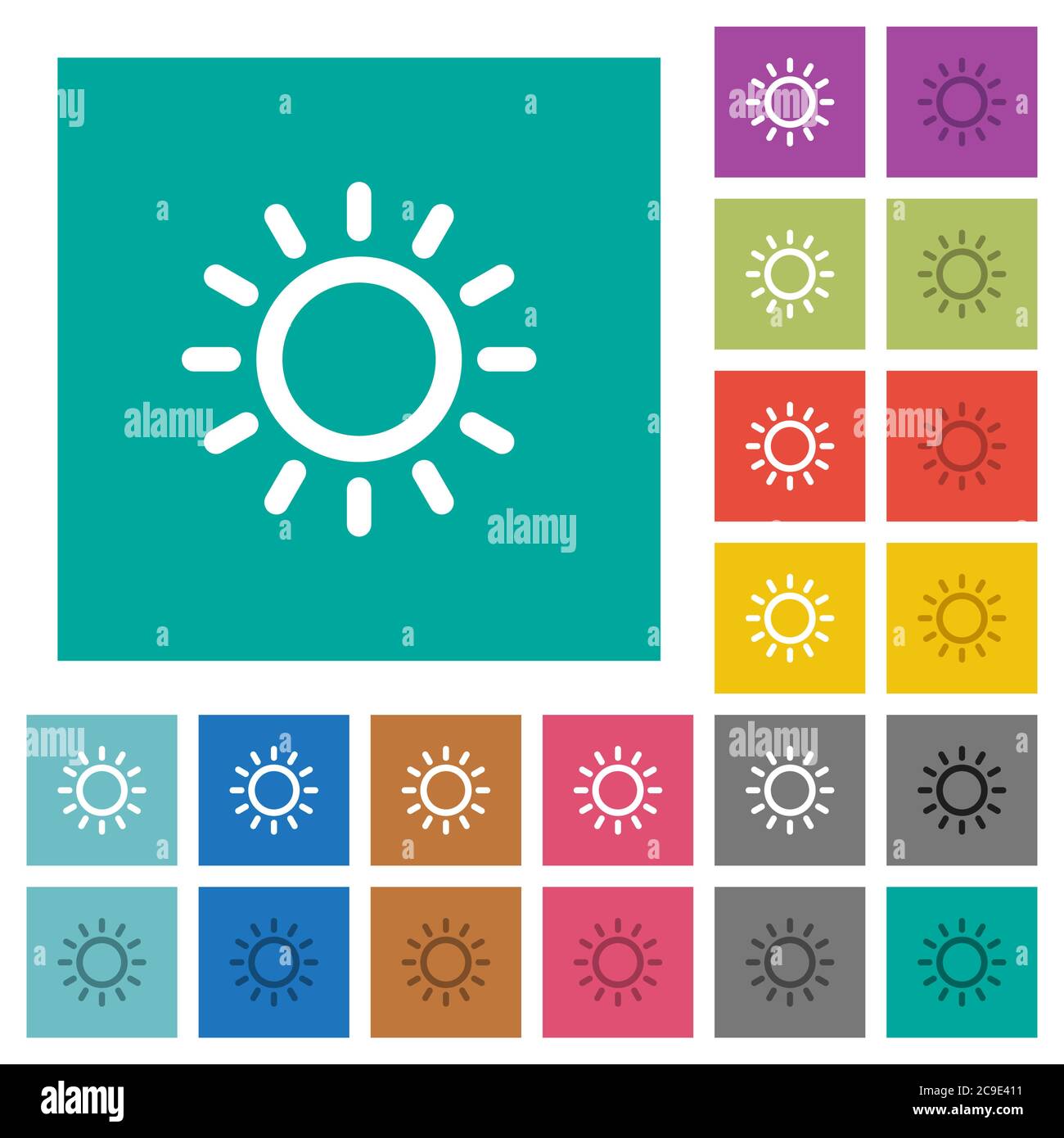 Brightness control multi colored flat icons on plain square backgrounds ...