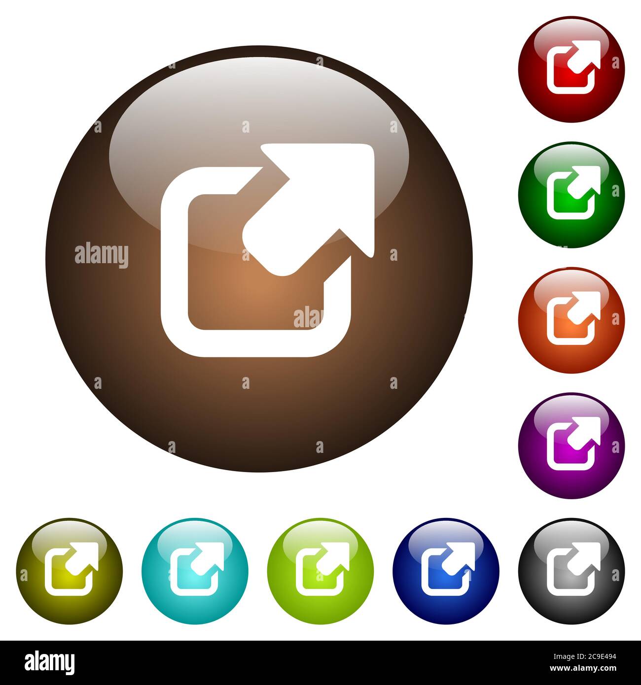 Export symbol with upper right arrow white icons on round color glass ...