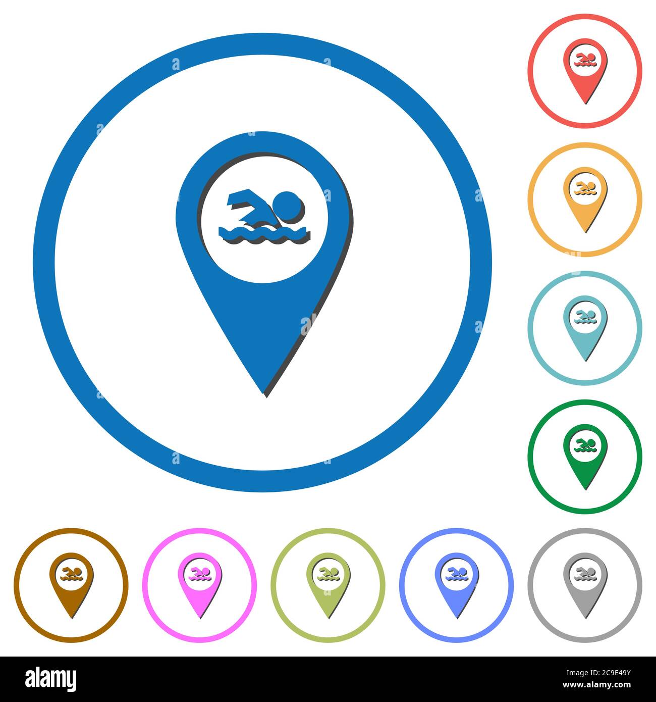 Swimming pool GPS map location flat color vector icons with shadows in ...