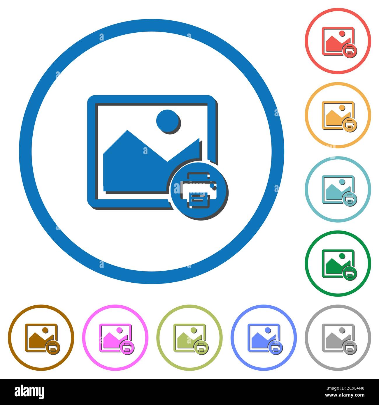 Print image flat color vector icons with shadows in round outlines on ...