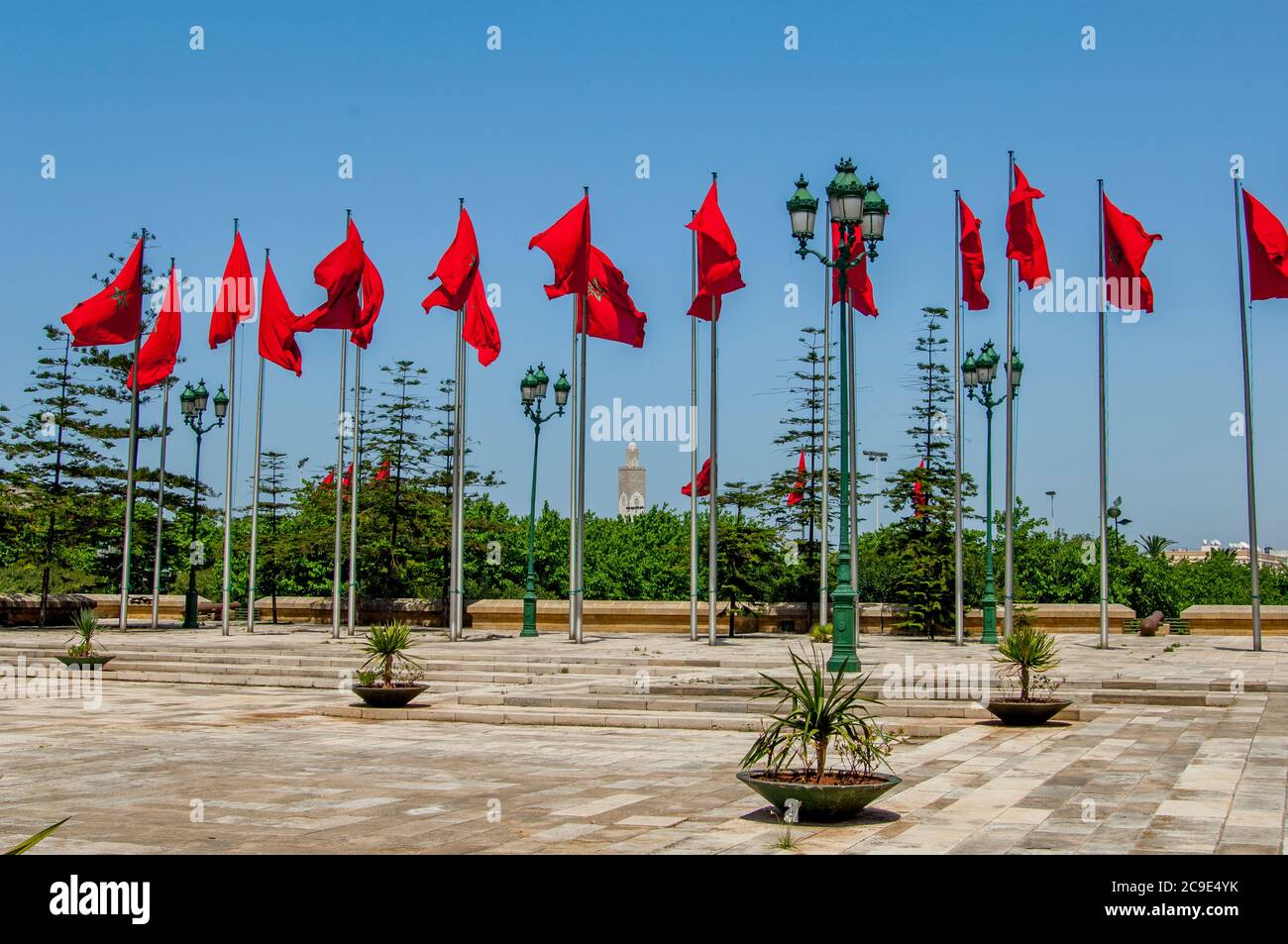 Moroccan national flags on the square in front of the palace of the ...