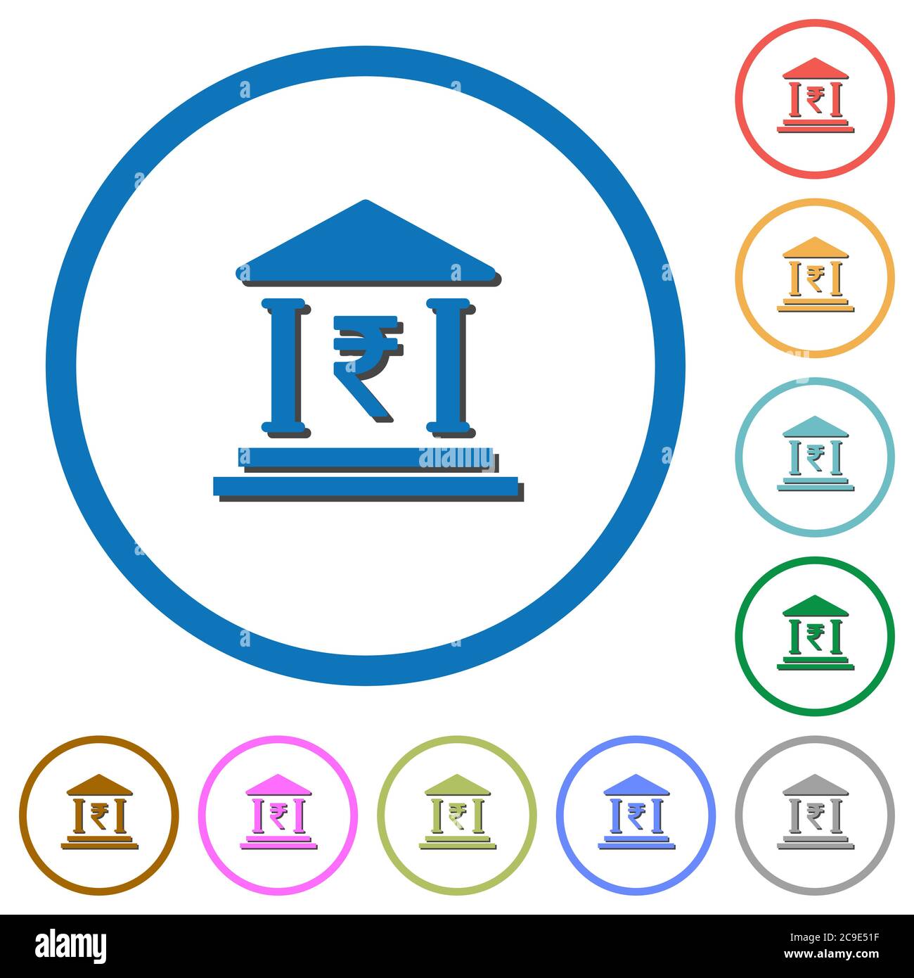 Indian Rupee bank office flat color vector icons with shadows in round ...