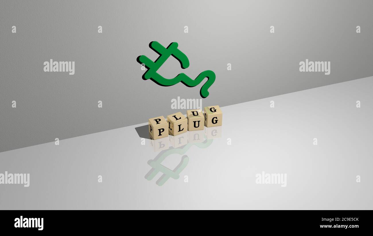 3D graphical image of PLUG vertically along with text built by metallic ...