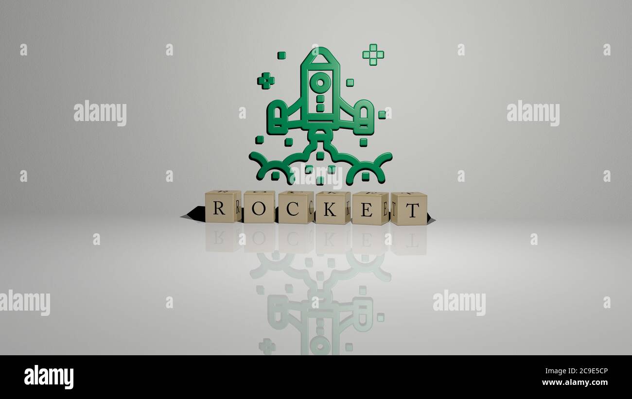 3D illustration of ROCKET graphics and text made by metallic dice ...