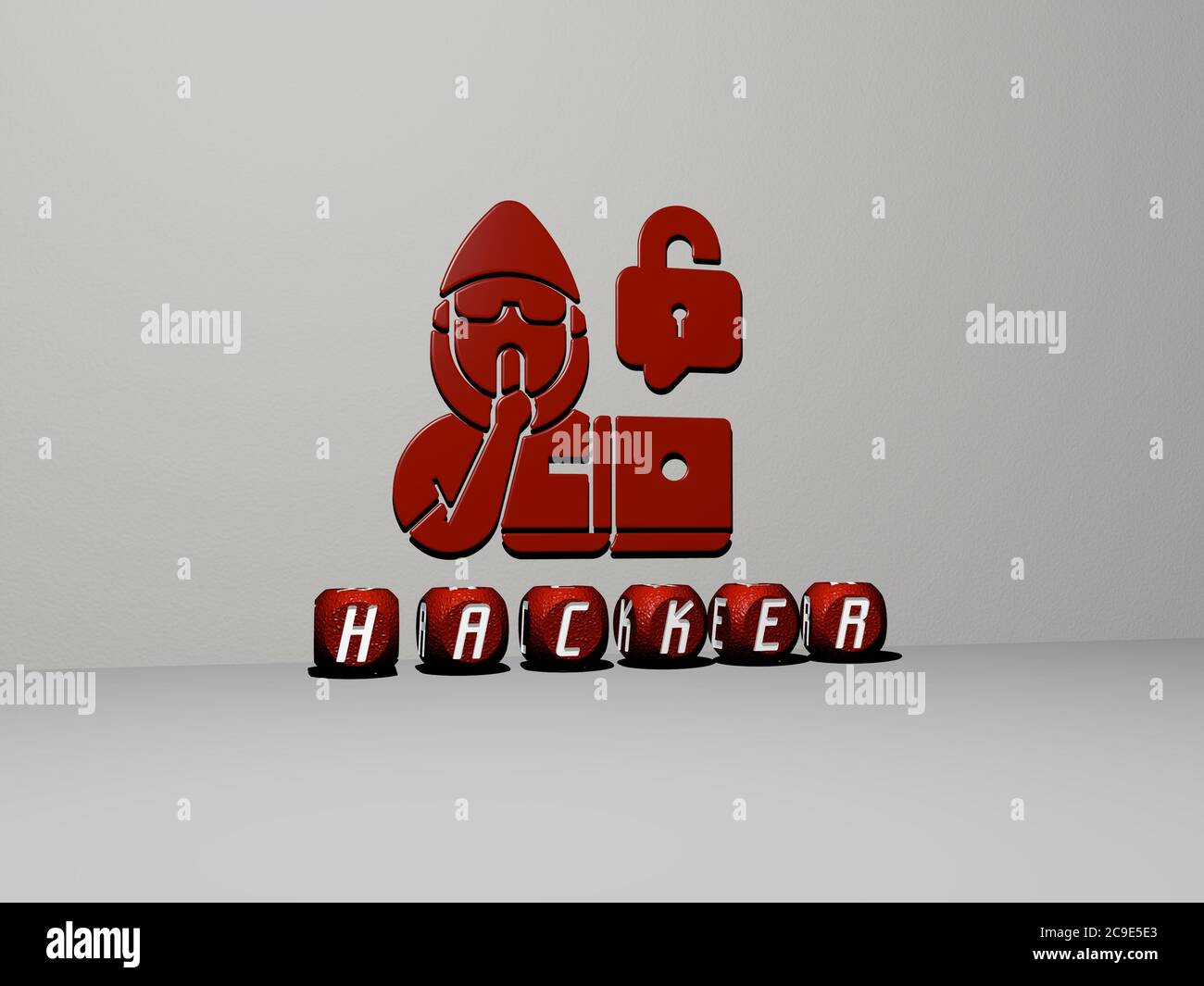 3D illustration of HACKER graphics and text made by metallic dice ...