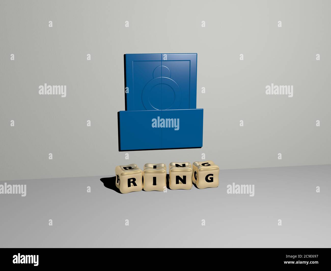 3D illustration of ring graphics and text made by metallic dice letters ...