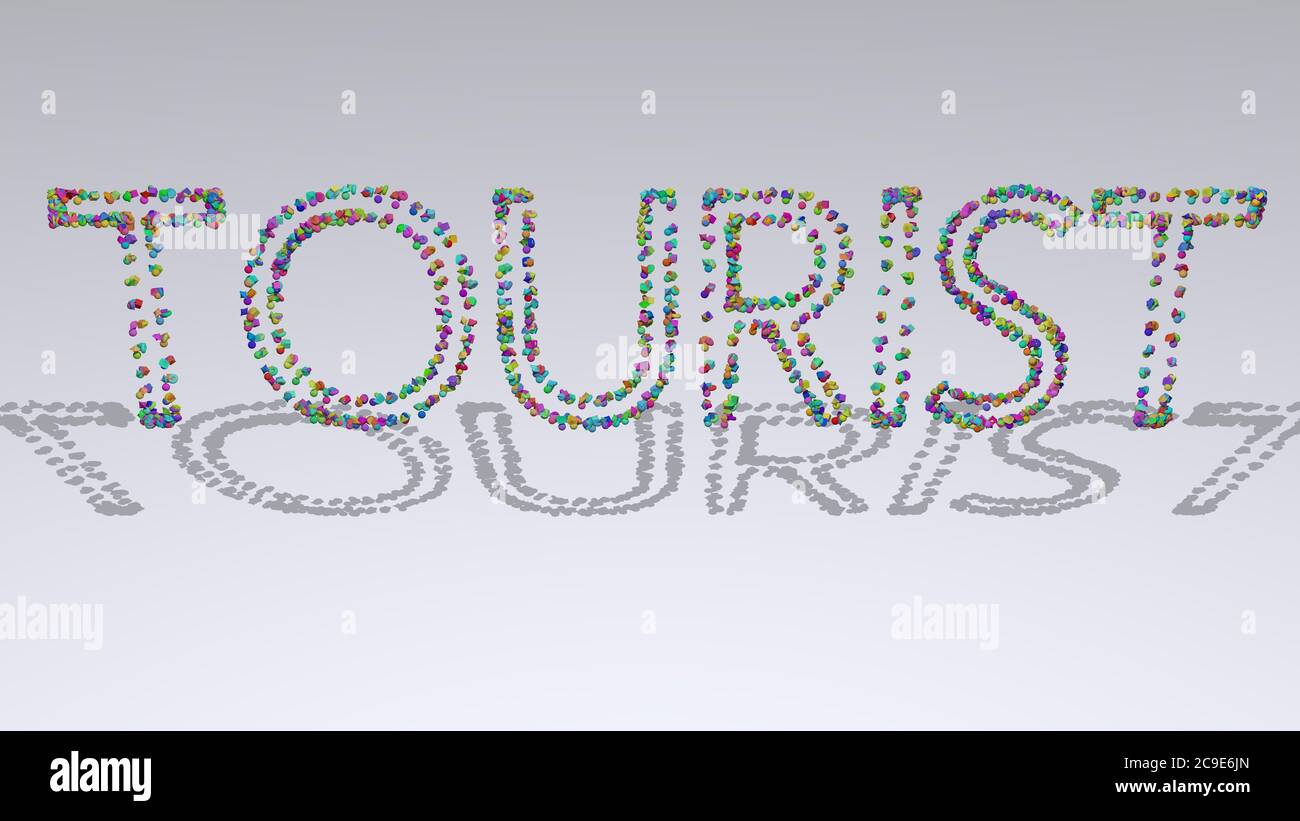 Colorful 3D writting of tourist text with small objects over a white ...