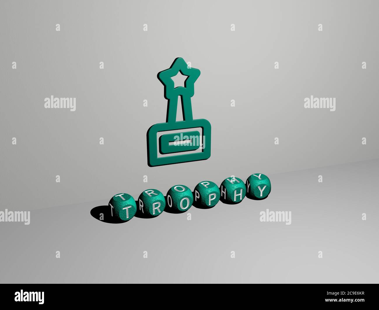 3D illustration of TROPHY graphics and text made by metallic dice ...