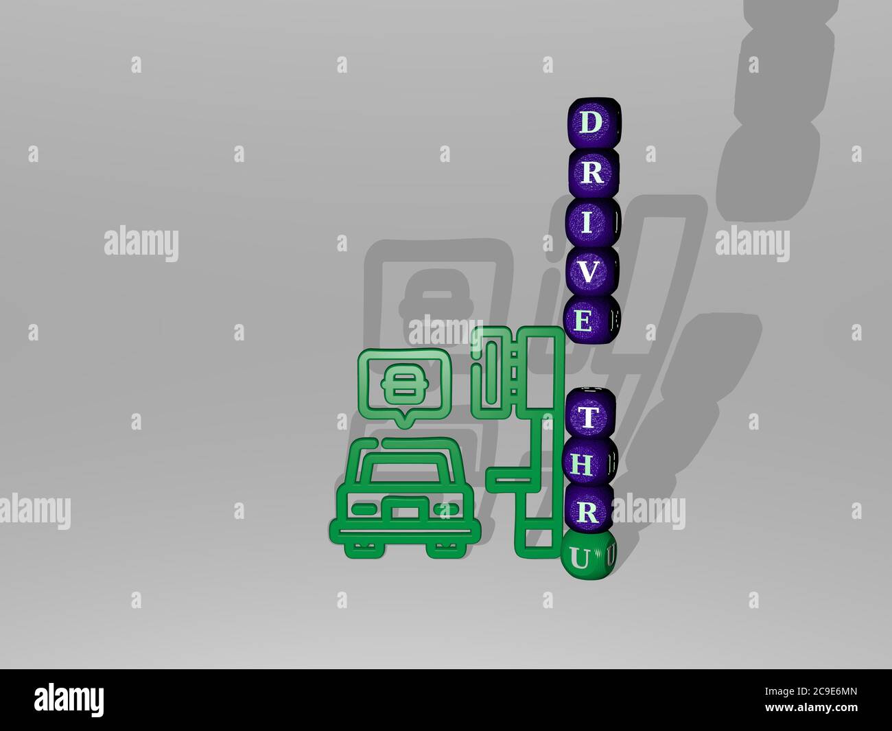 3D representation of DRIVE THRU with icon on the wall and text arranged ...