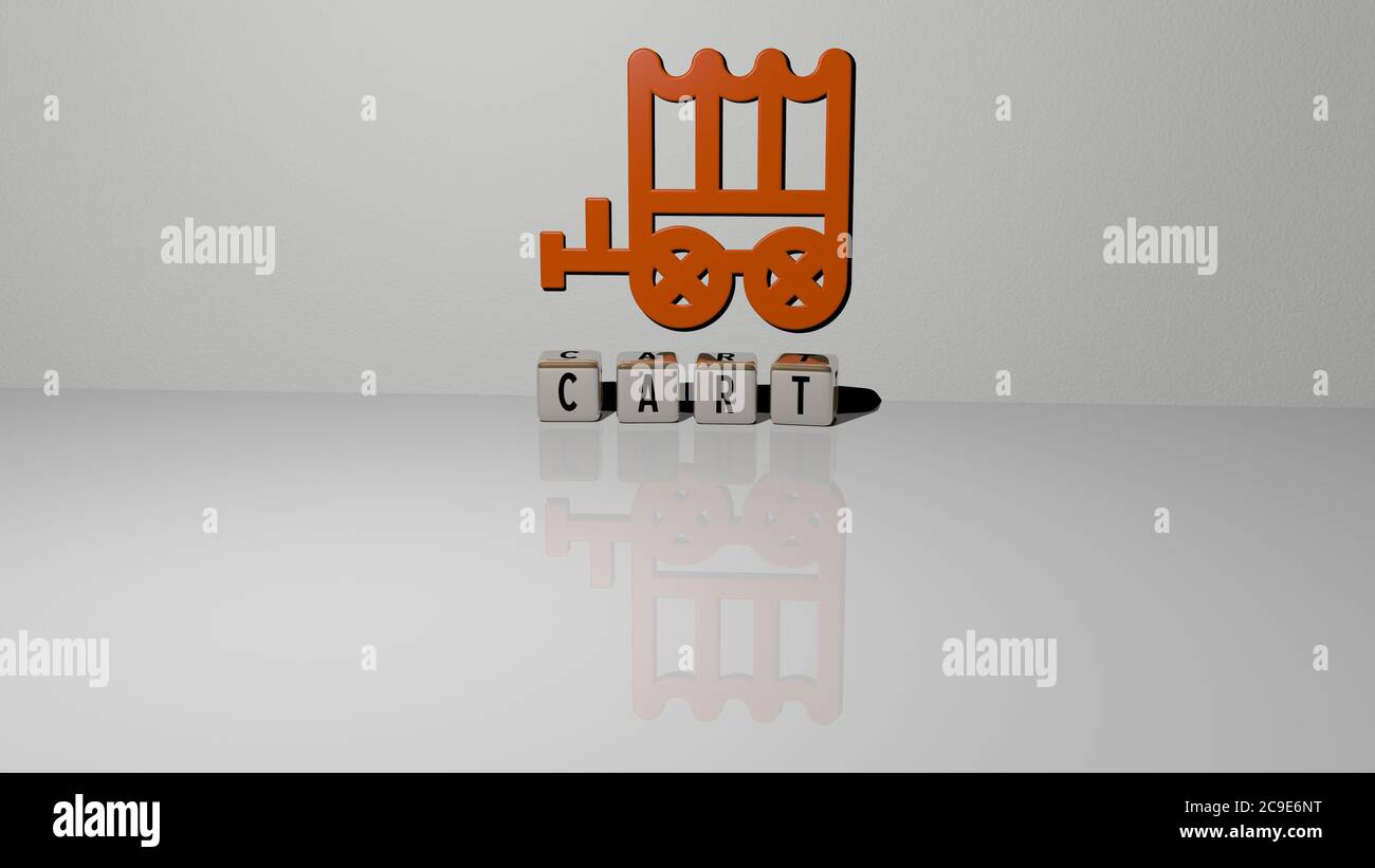 3D illustration of cart graphics and text made by metallic dice letters ...