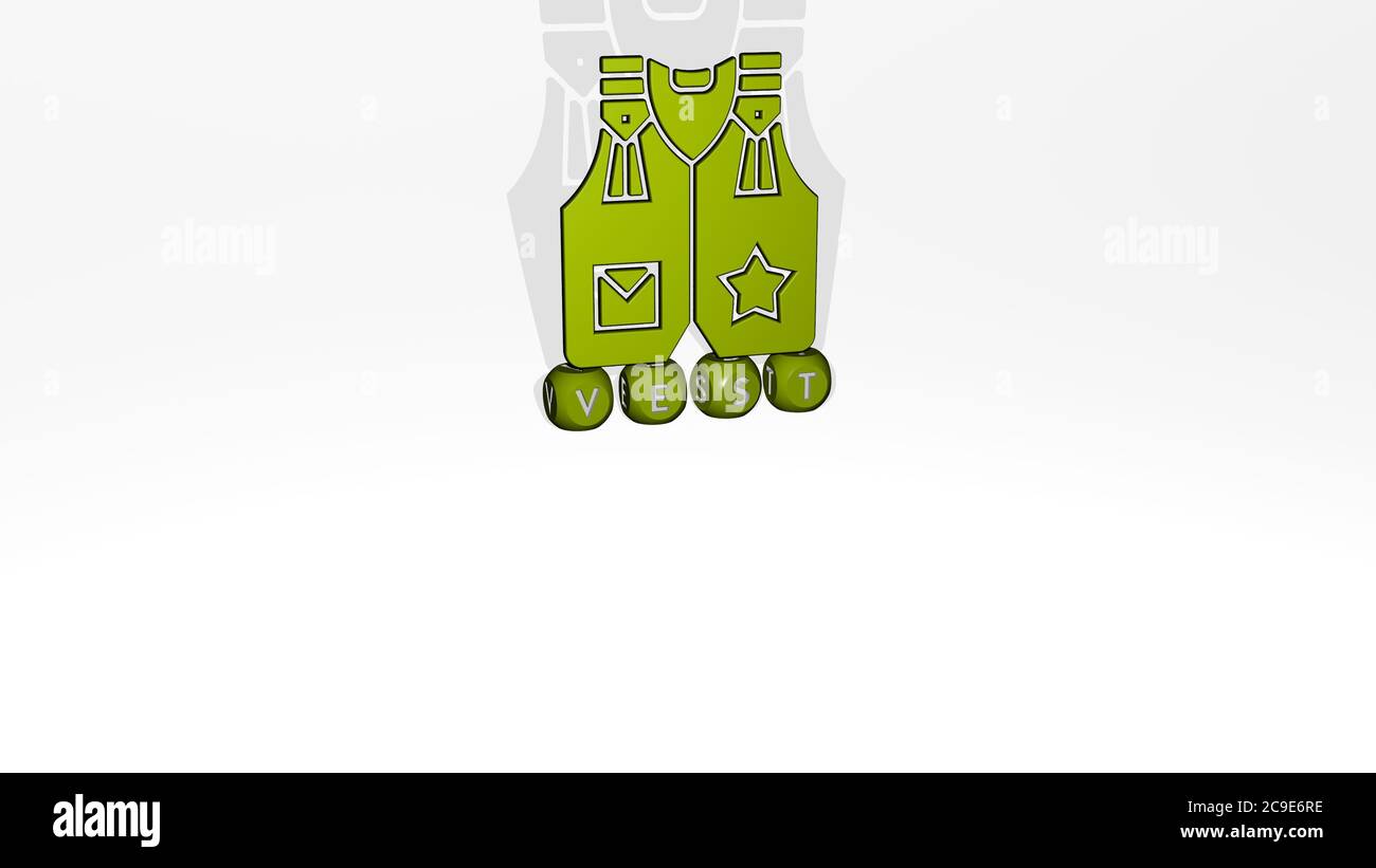 3D illustration of vest graphics and text made by metallic dice letters ...