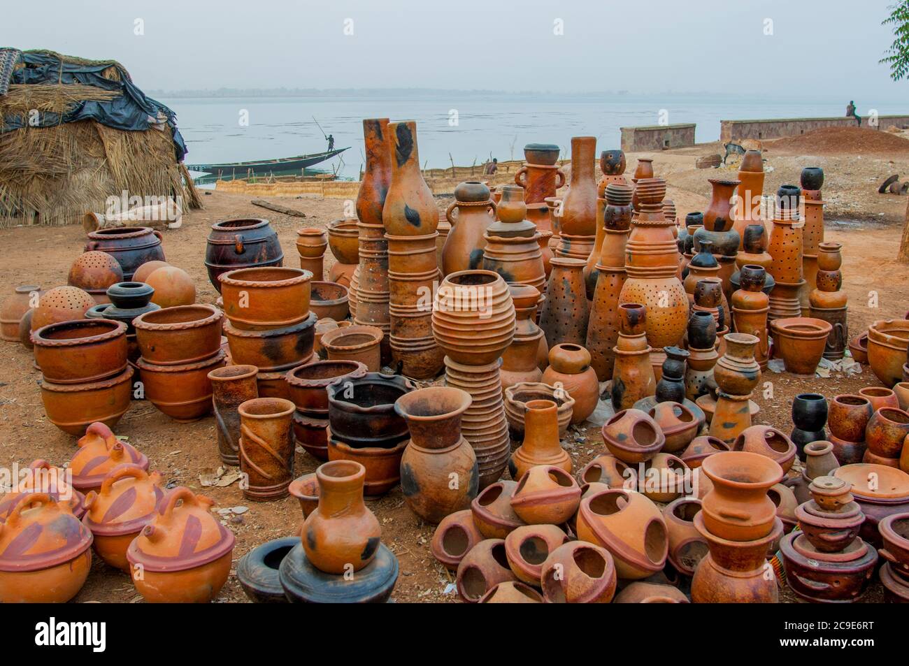Pottery for sale in front of a store in Segou, a city in the center of ...