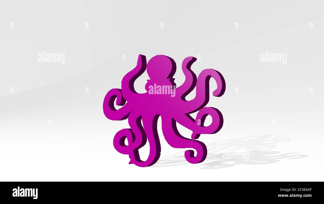 octopus on the wall. 3D illustration of metallic sculpture over a white ...