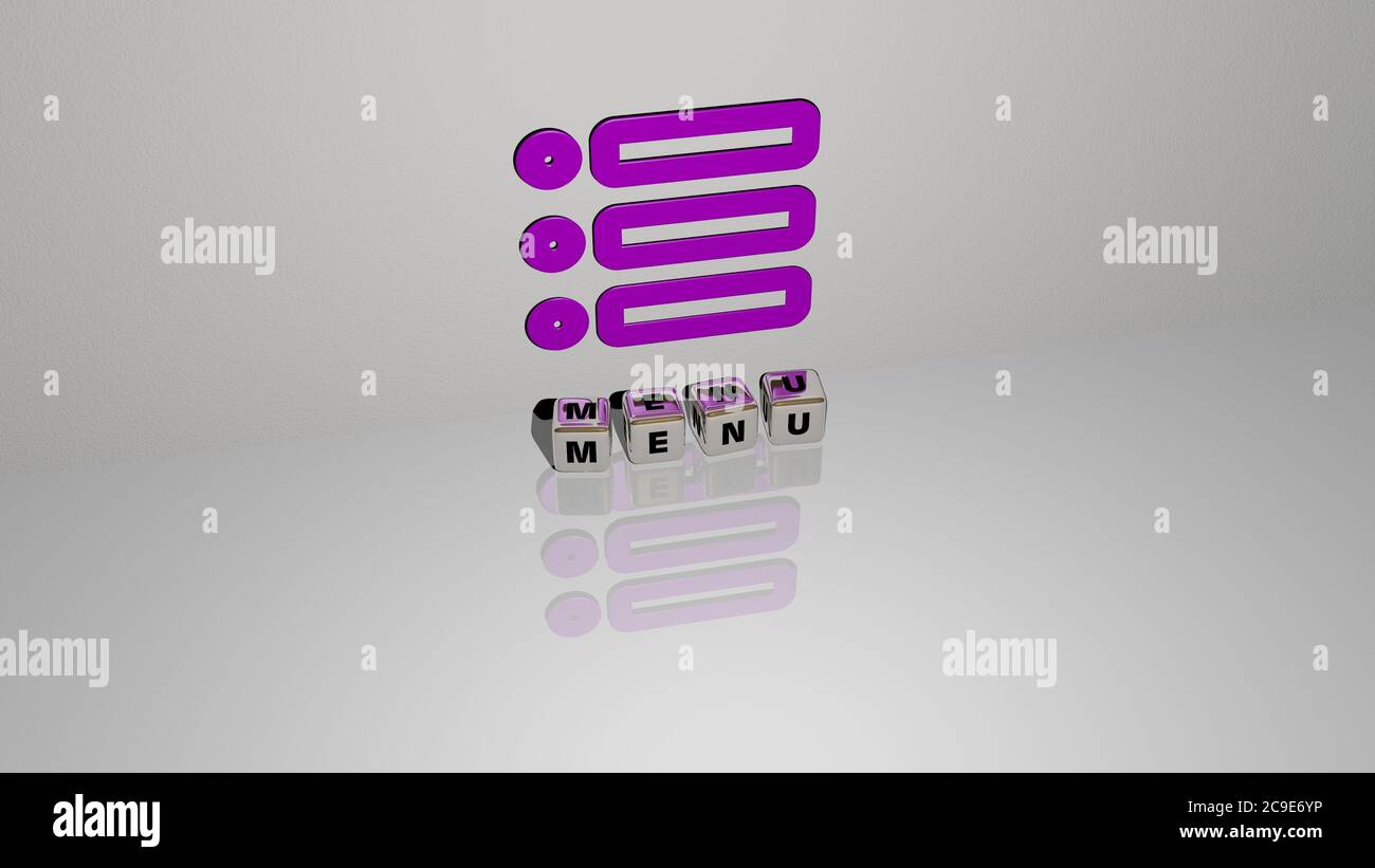 3D illustration of MENU graphics and text made by metallic dice letters ...