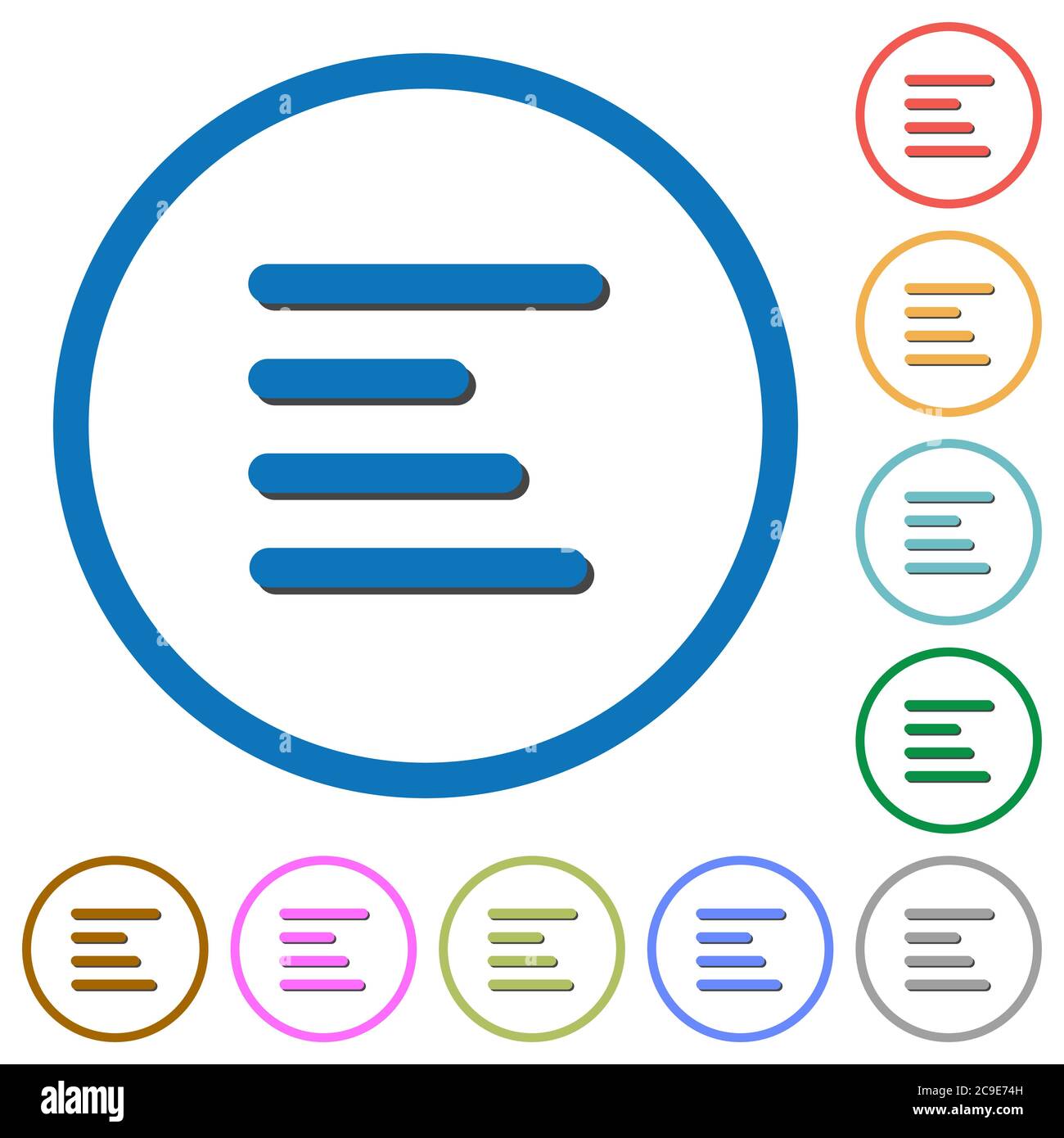Text align left flat color vector icons with shadows in round outlines ...