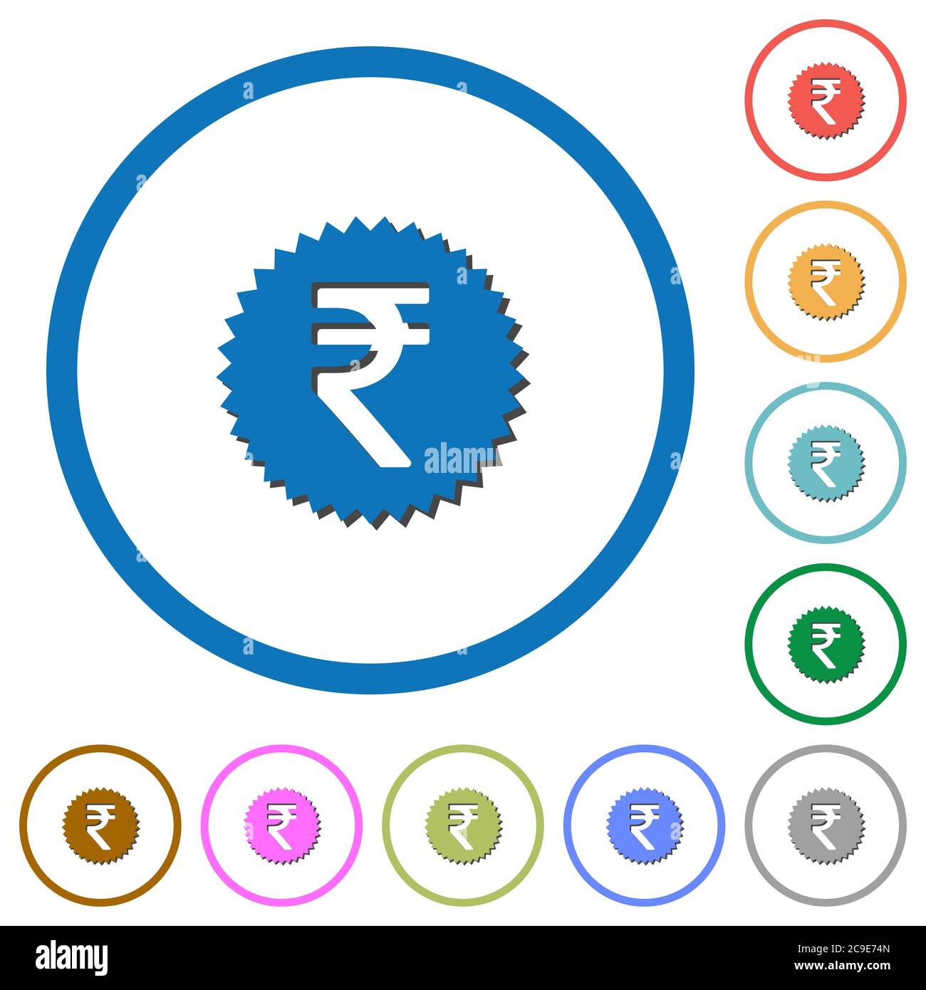 Indian Rupee sticker flat color vector icons with shadows in round ...