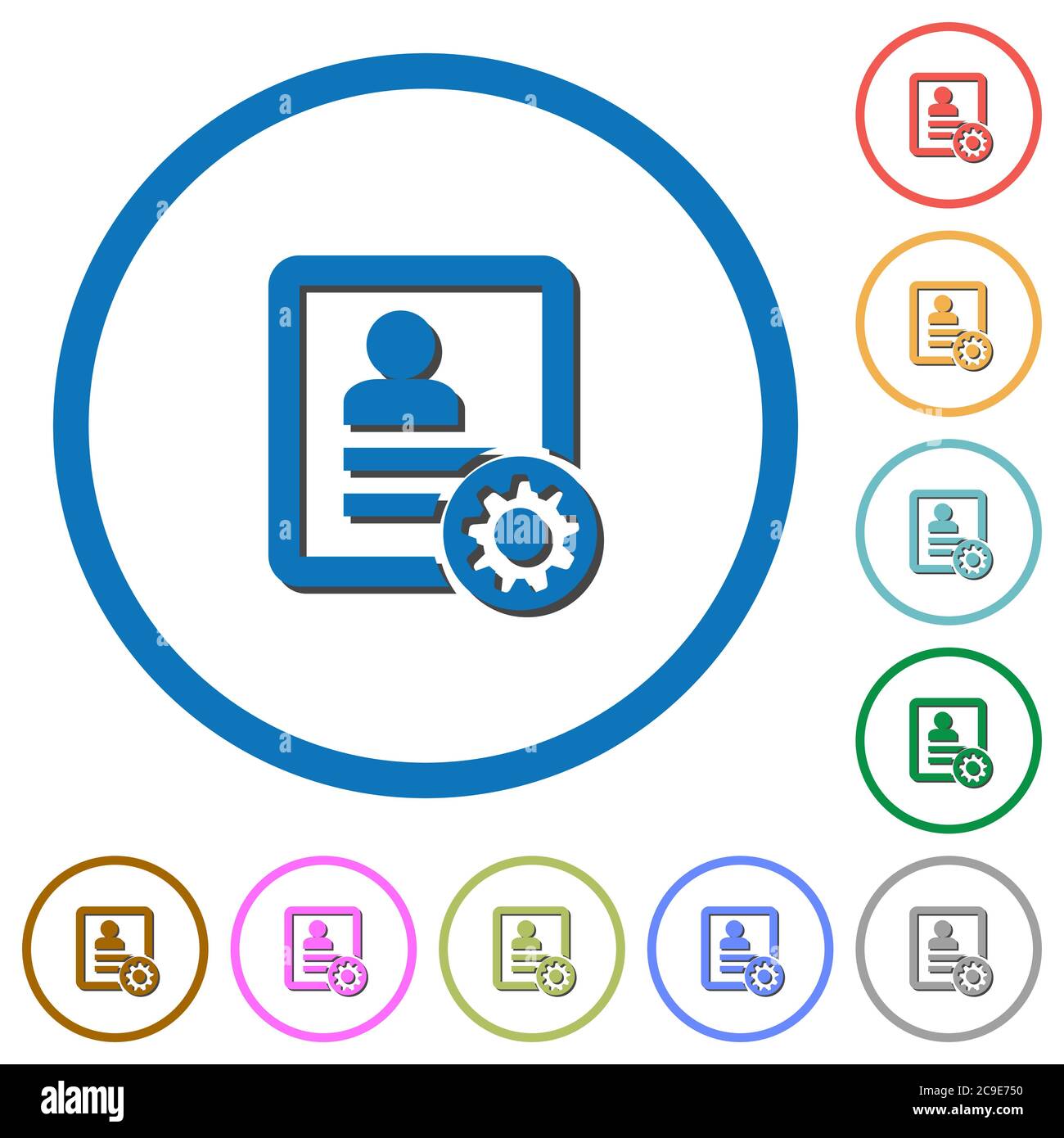 Contact settings flat color vector icons with shadows in round outlines on white background ...