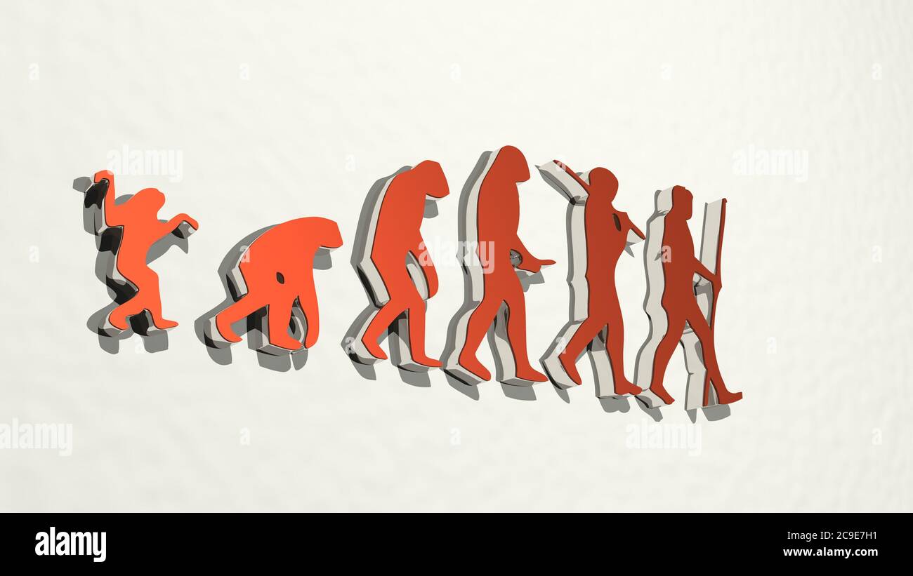 human evolution made by 3D illustration of a shiny metallic sculpture ...