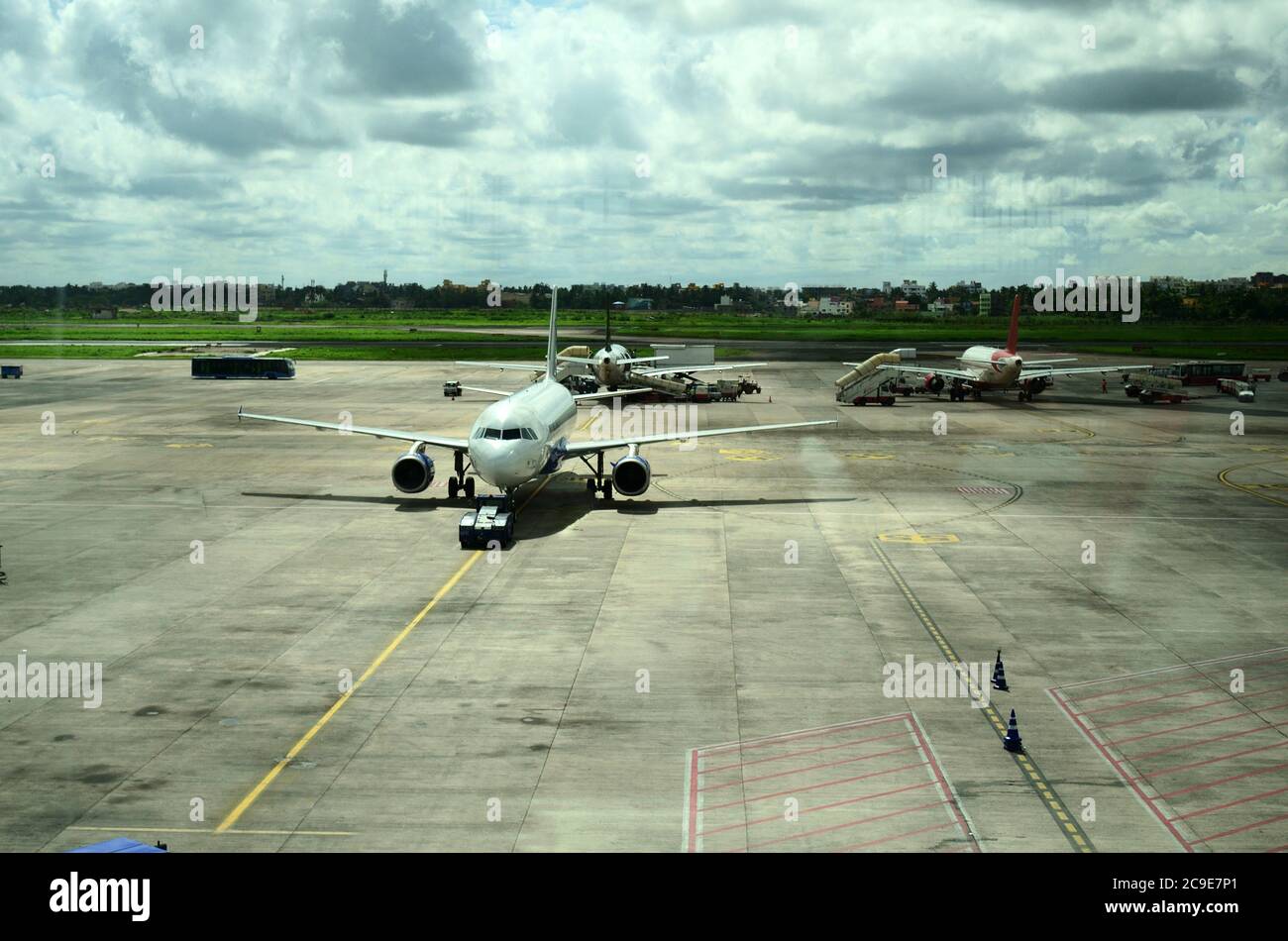 Airplane in airport runway Stock Photo - Alamy
