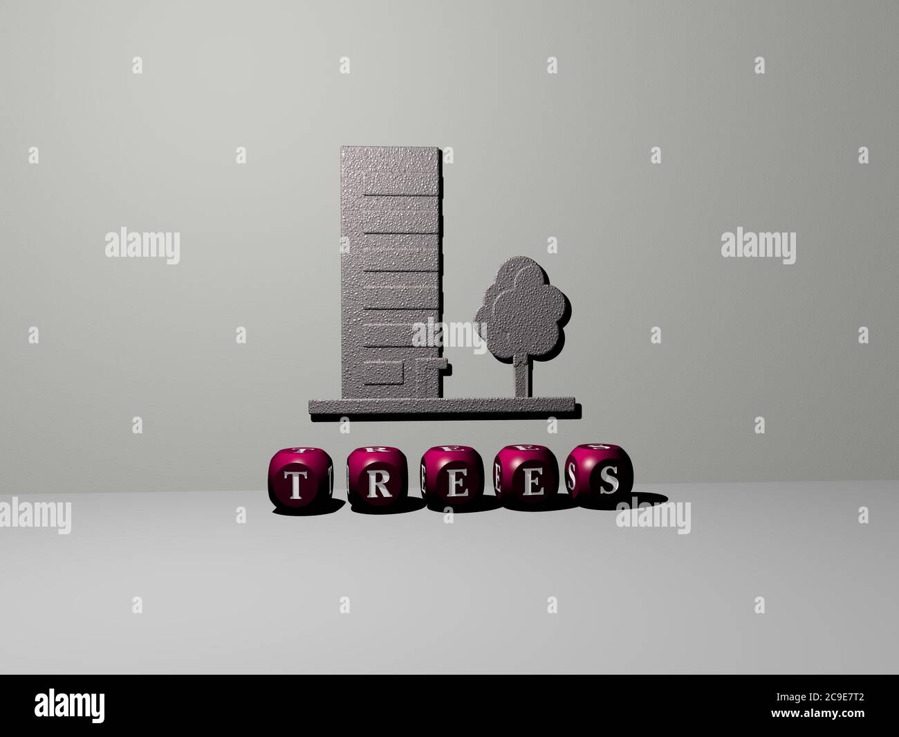 3D illustration of trees graphics and text made by metallic dice ...