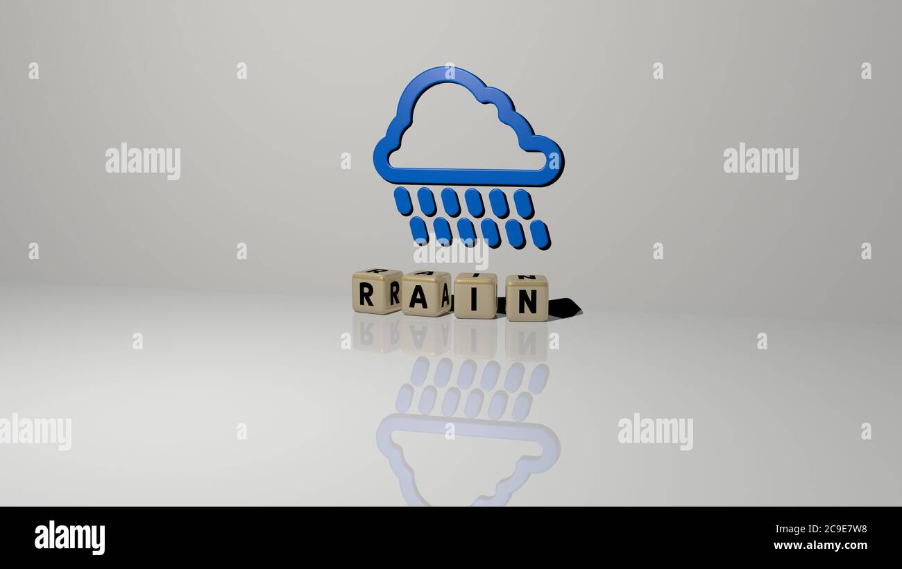 3D graphical image of rain vertically along with text built by metallic ...