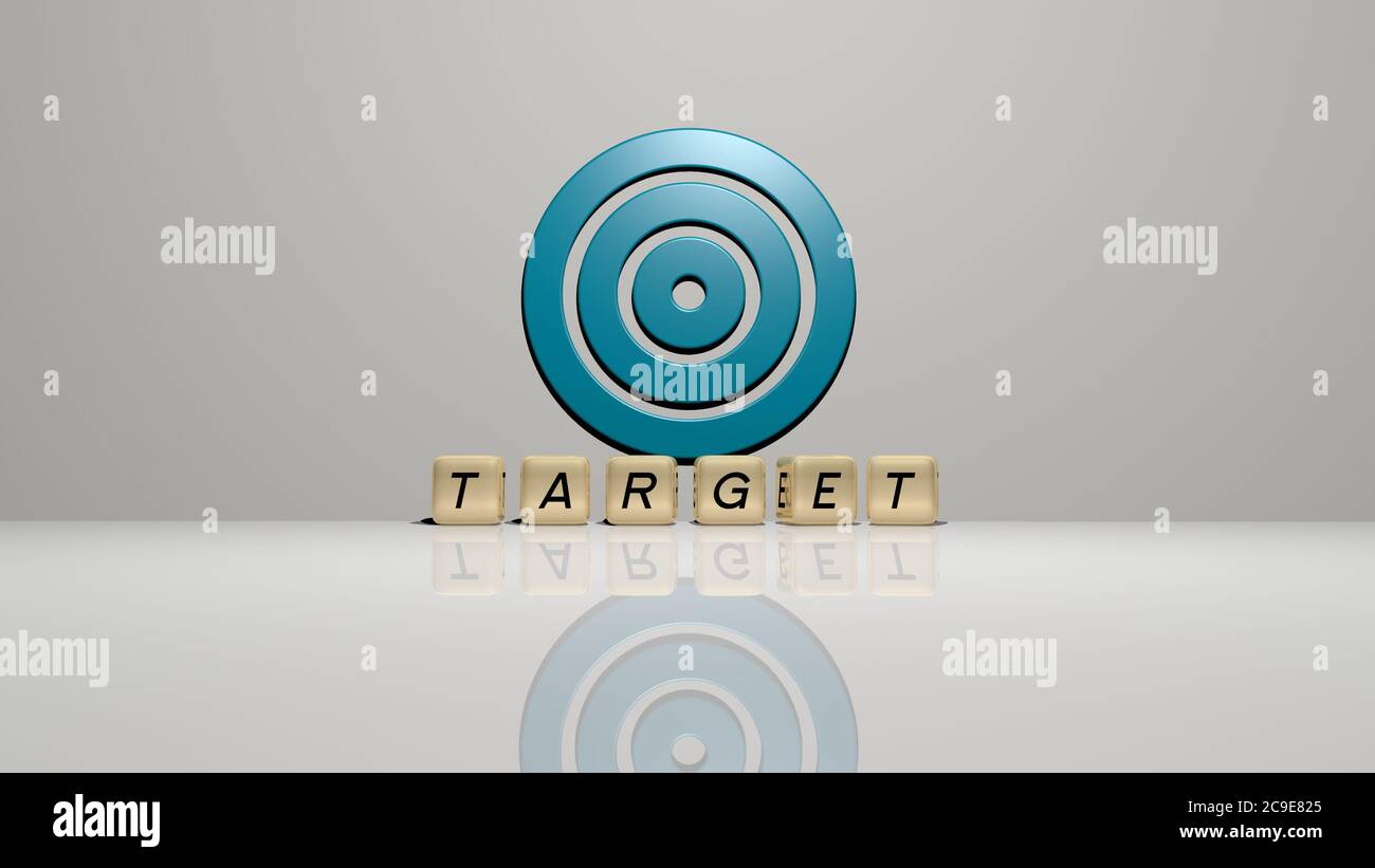 3D illustration of target graphics and text made by metallic dice ...